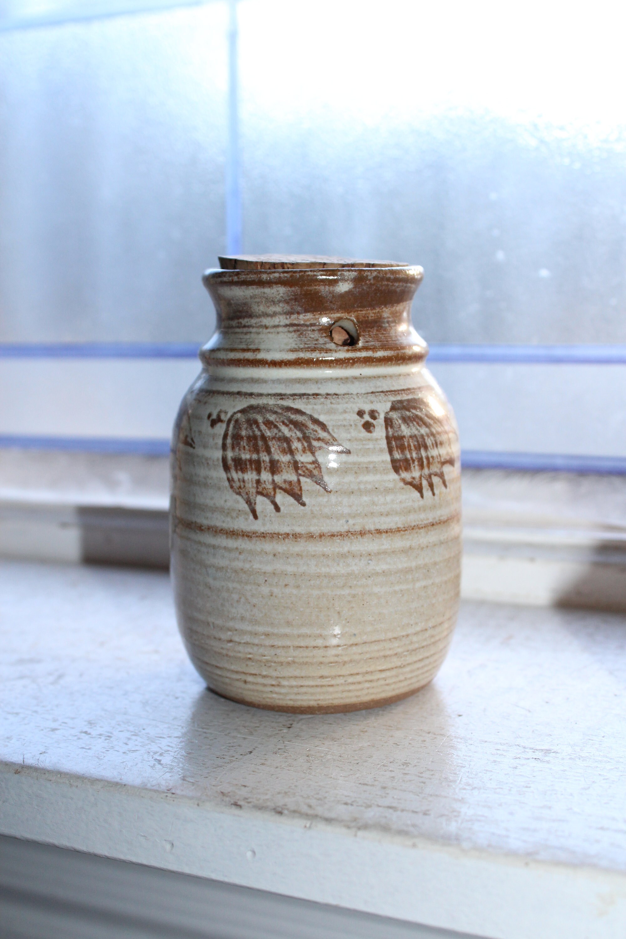 Pair Vintage Brown Studio Pottery Jars Western Decor with Wheat Sheafs Pair Vintage Brown Studio Pottery Jars Western Decor with Wheat Sheafs