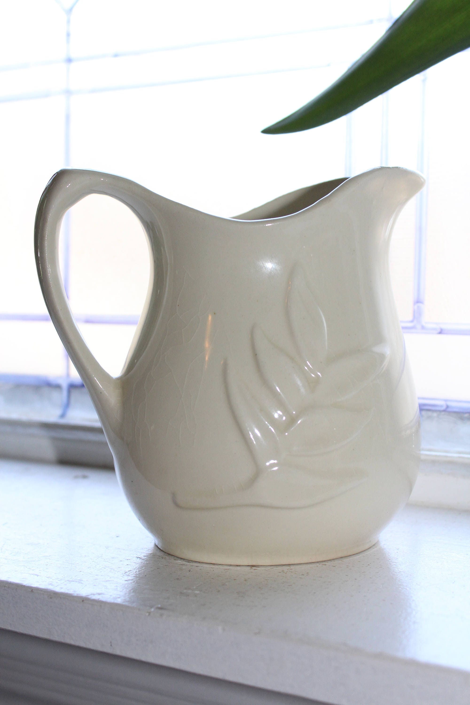 Antique White Ironstone Milk Pitcher Embossed Leaves