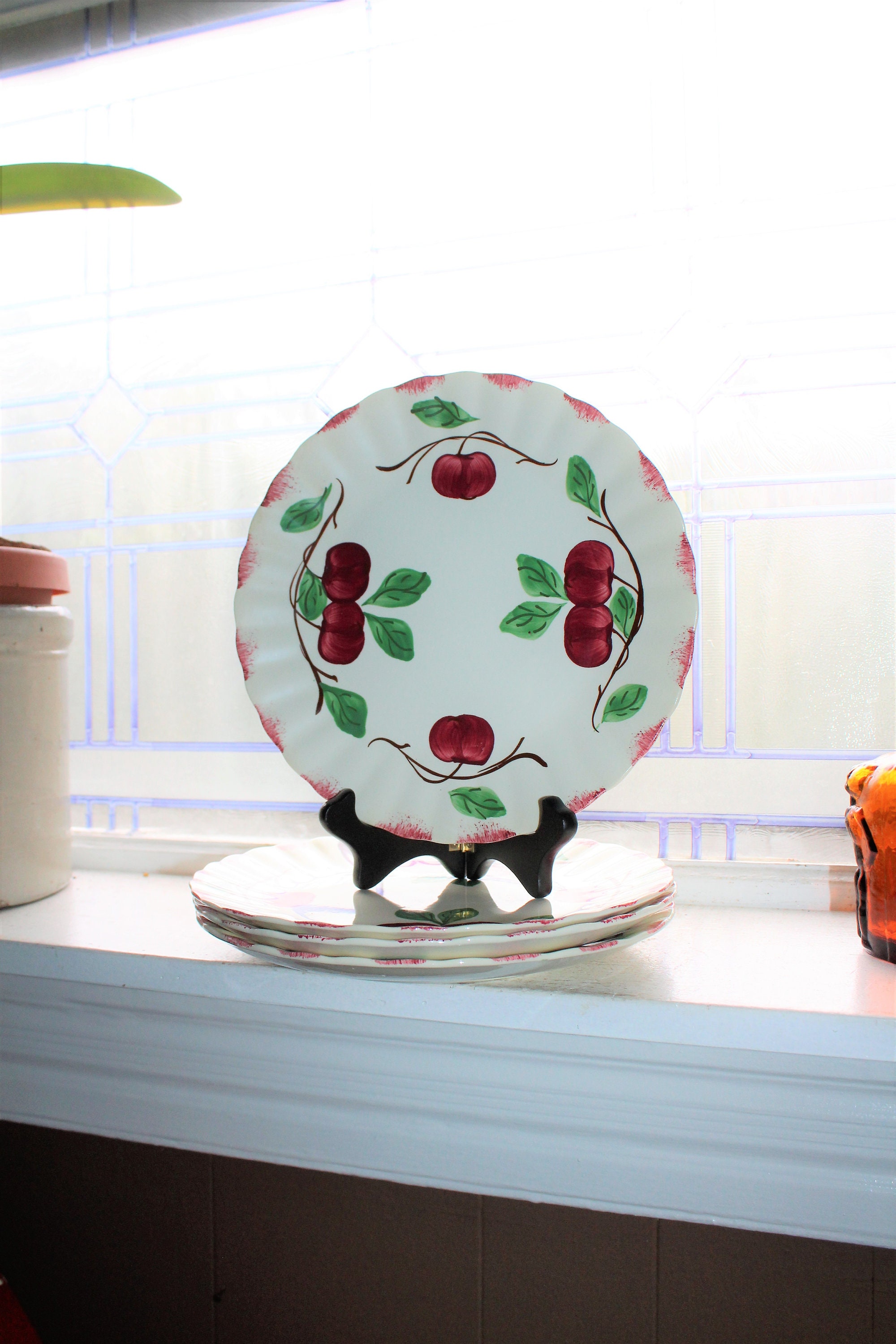 4 Blue Ridge Pottery Dinner Plates Autumn Apple Vintage 1940s