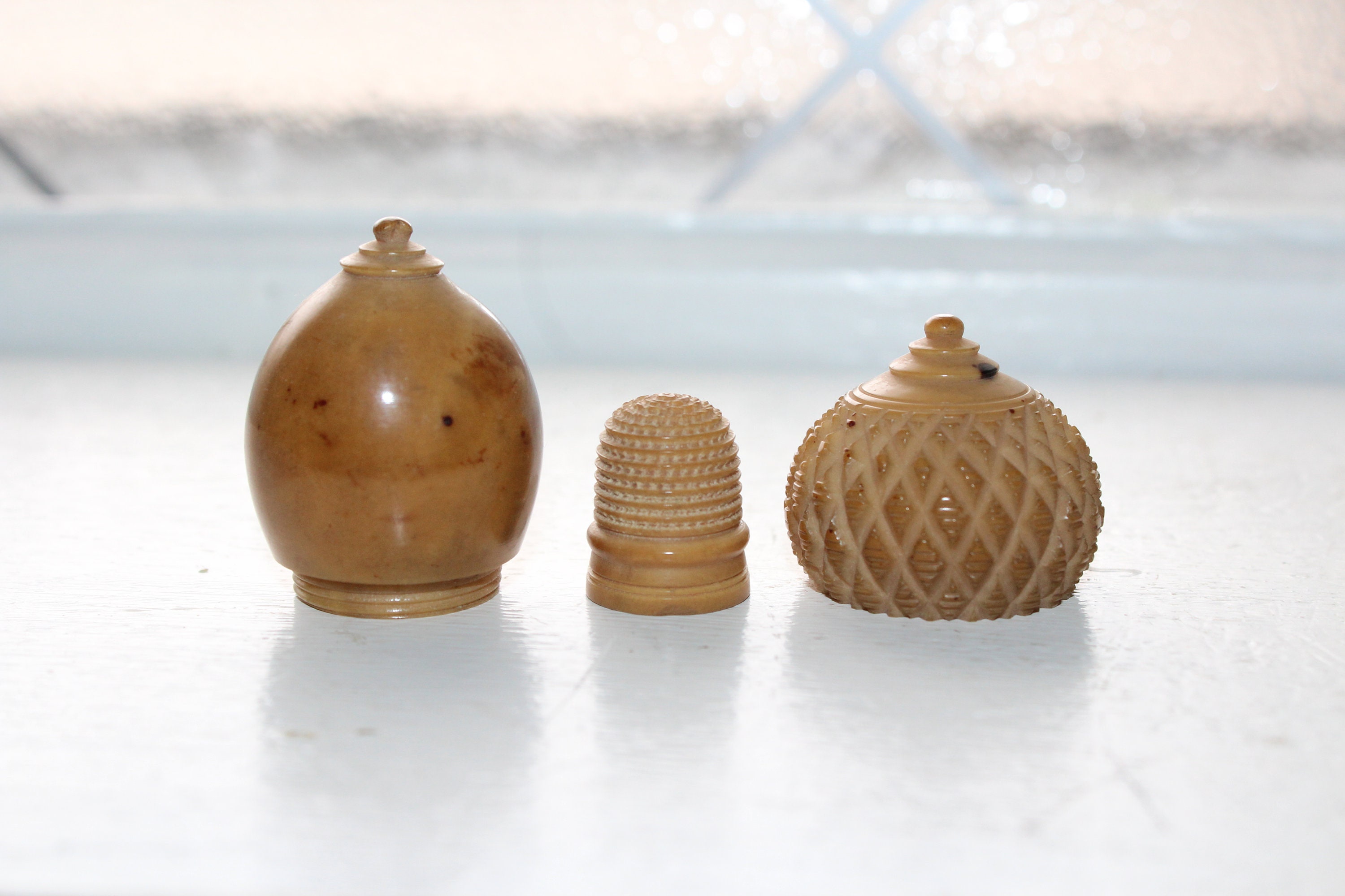 Antique Hand Carved Acorn Box with Carved Thimble