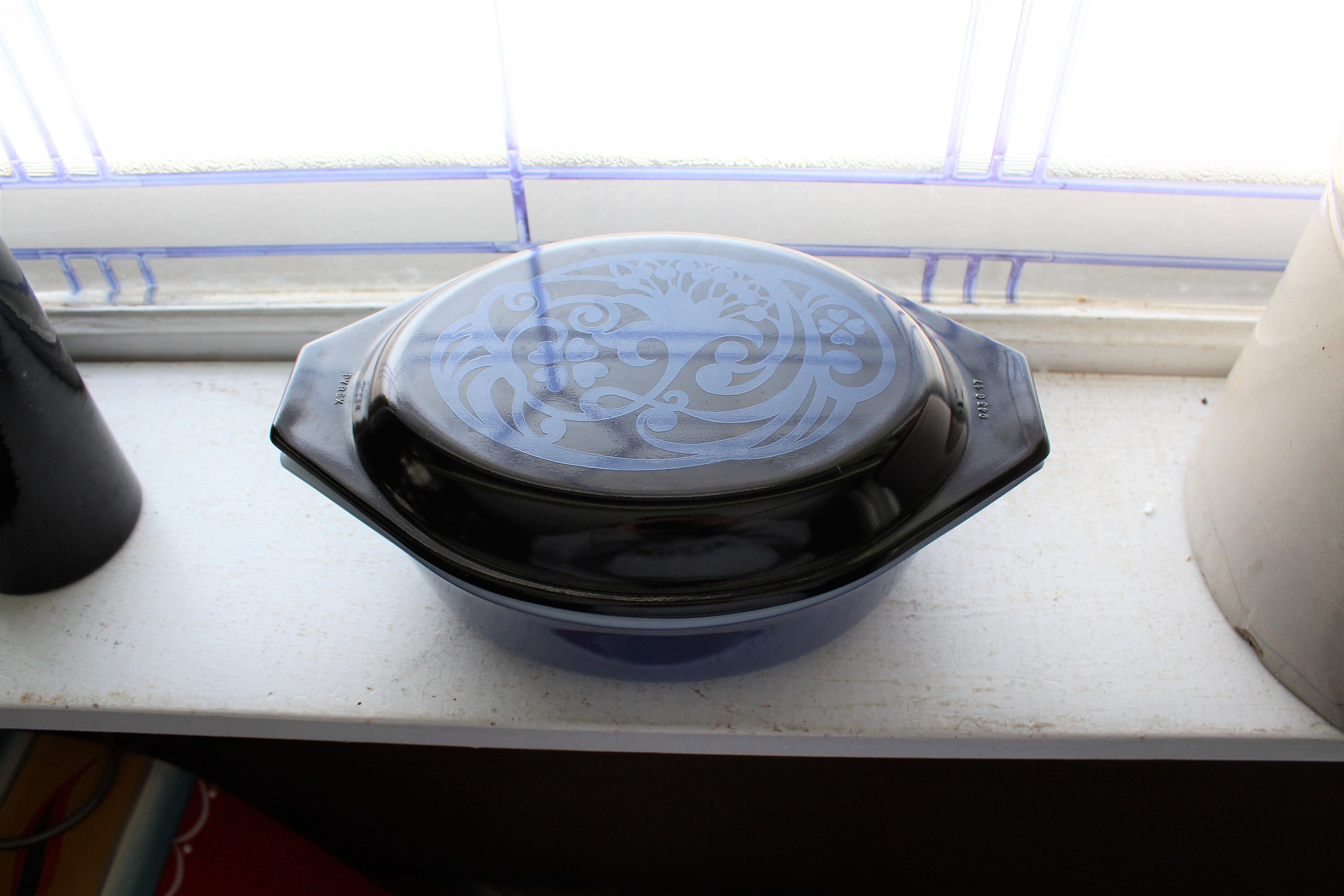 Pyrex Midnight Bloom Casserole with Lid Black and Blue Vintage 1970s