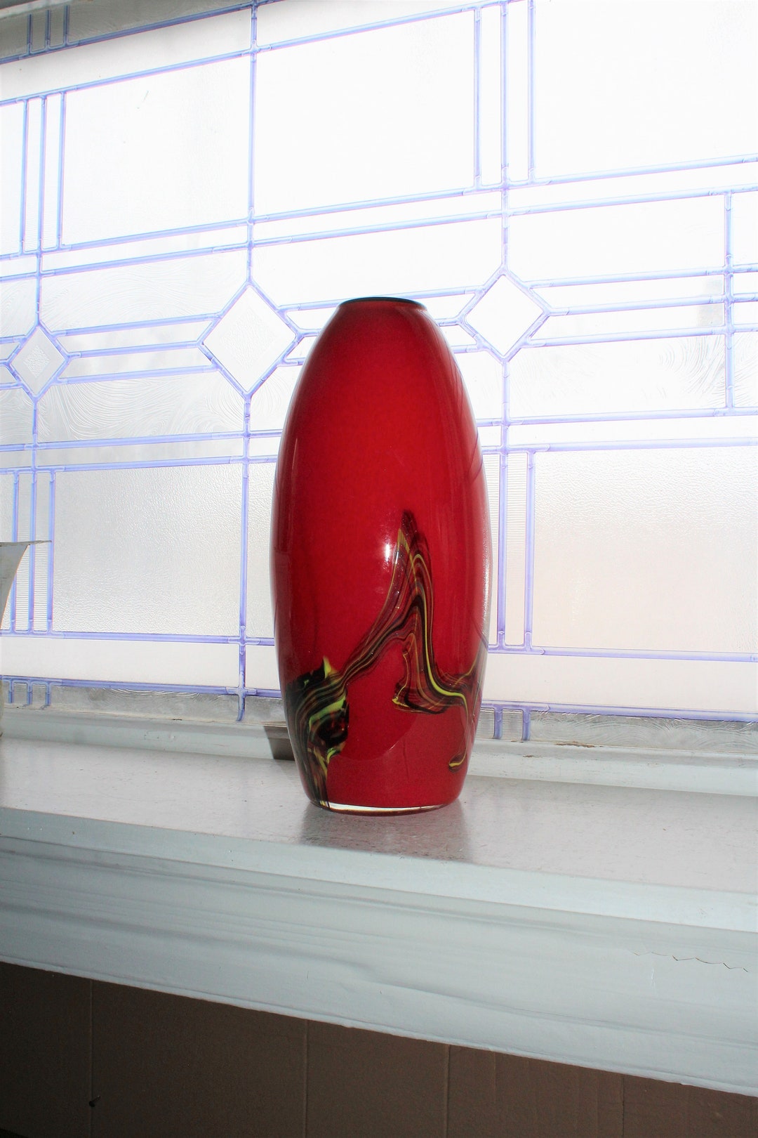 Vintage Art Glass Red Vase With Colored Swirls and Black Rim - Etsy