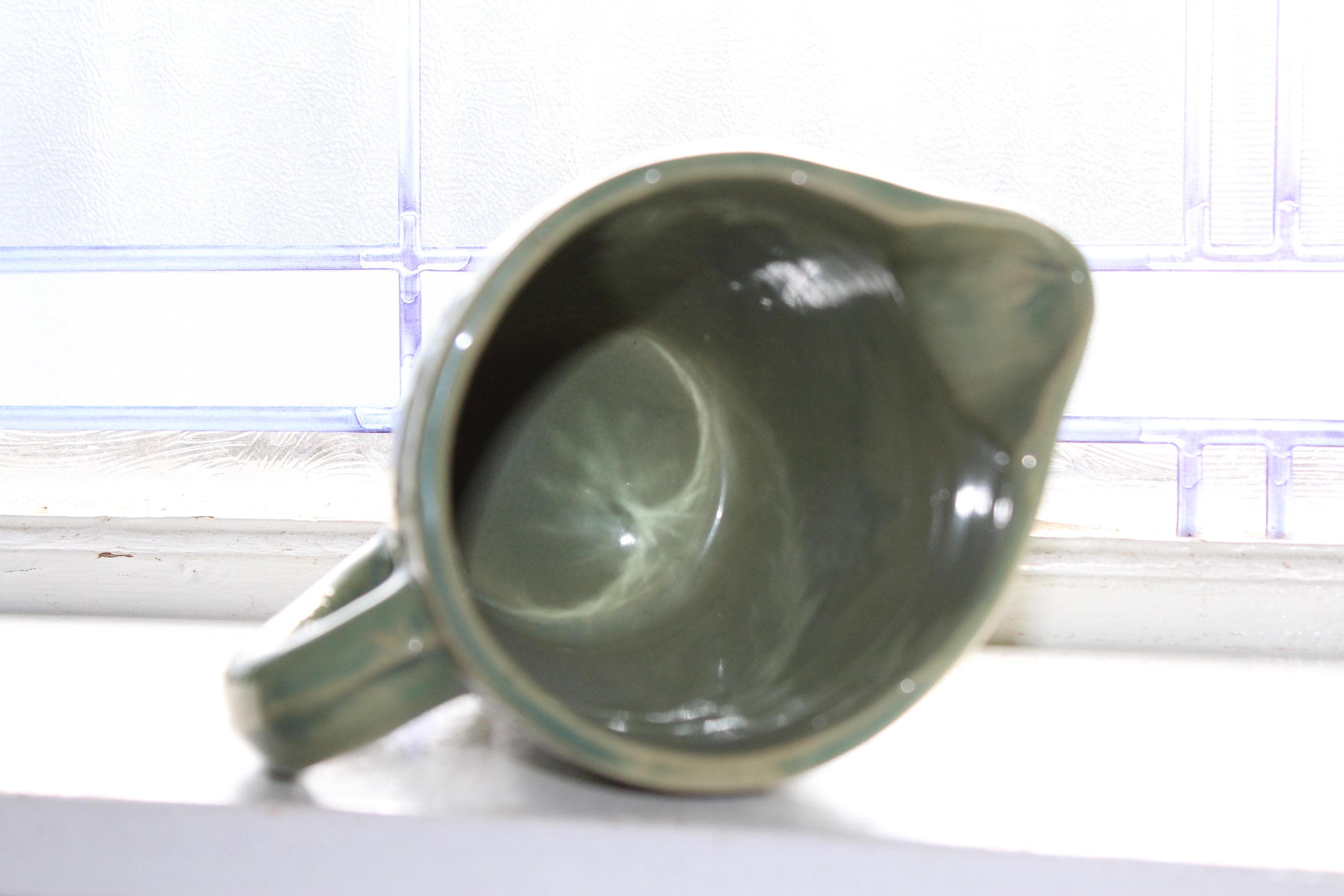 Vintage Green Stoneware Milk Pitcher Rustic Farmhouse Decor