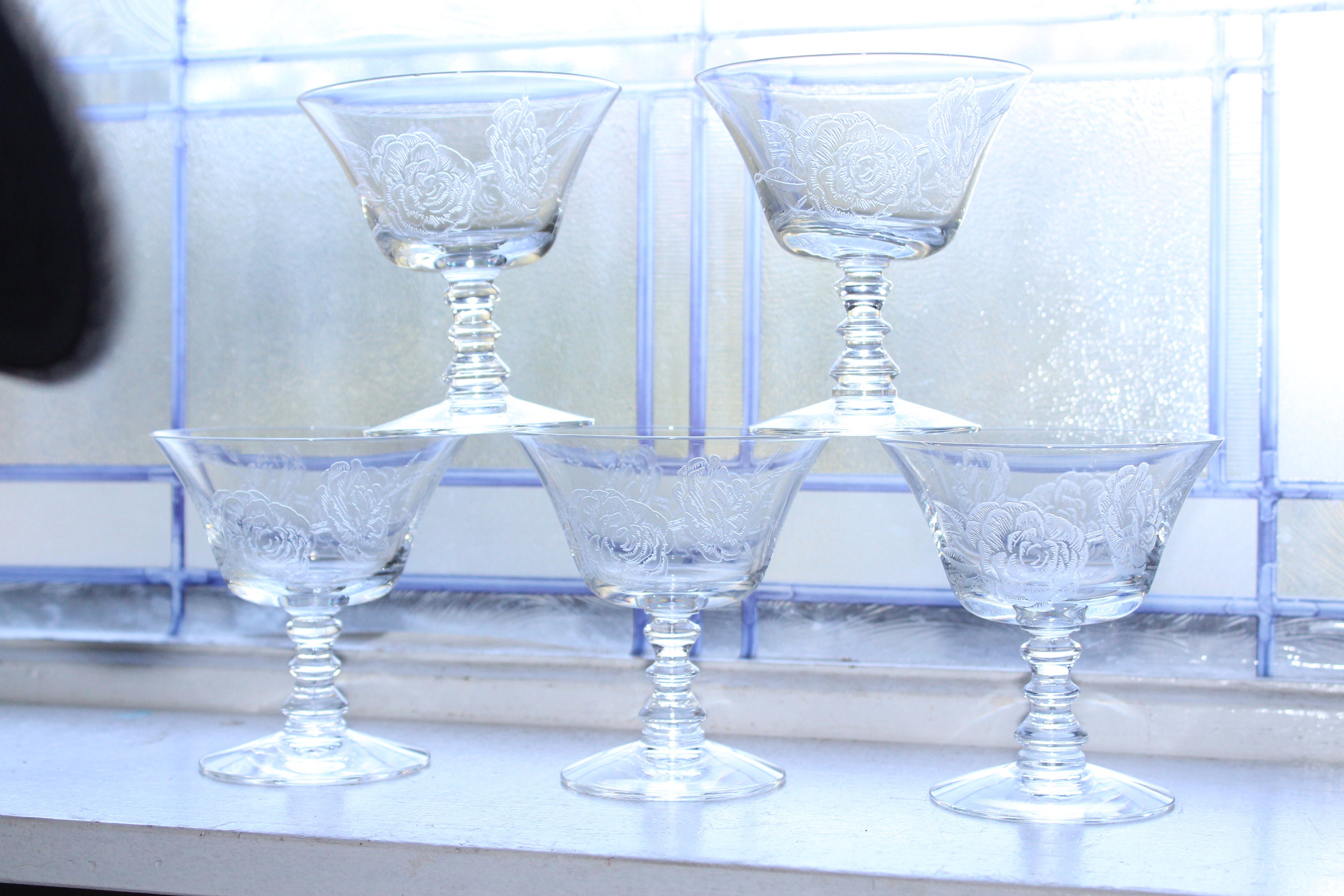 5 Fostoria Camellia Rose Etched Cocktail Glass Champagne Vintage 1950s