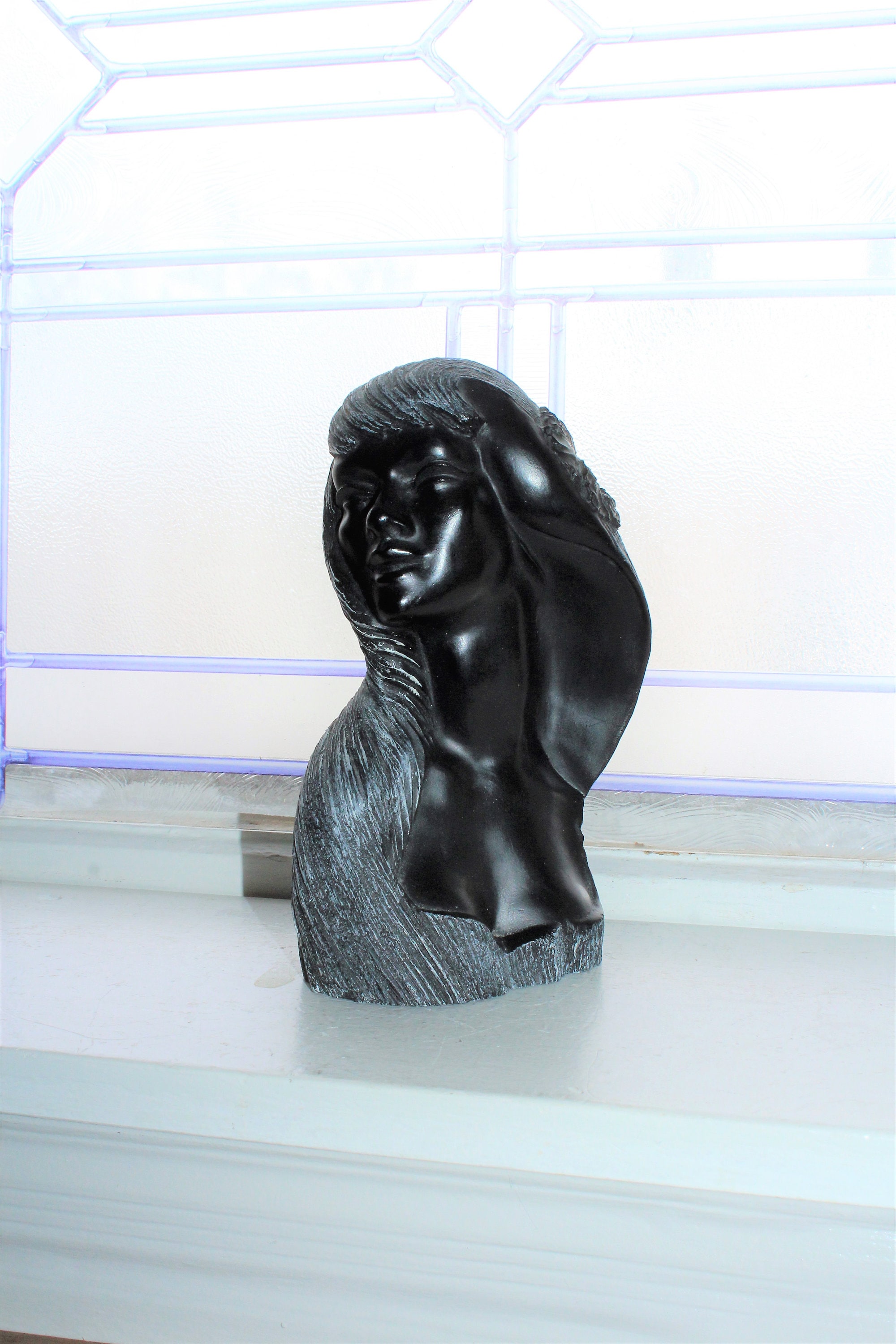 Large Vintage Carved Black Coral Hawaiian Woman Statue Frank Schirman