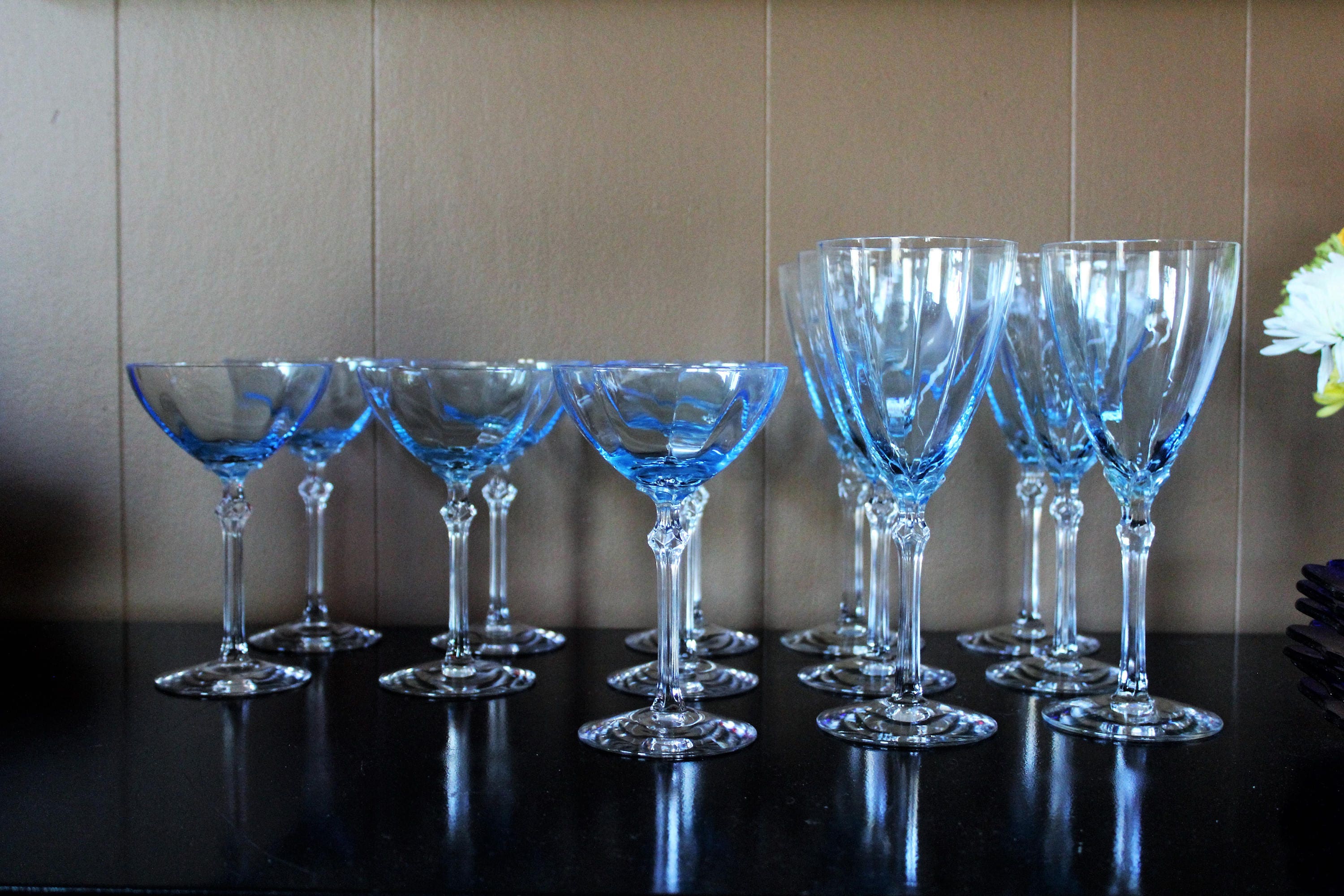 6 Fostoria Water Goblets Wine Glasses Azure Blue Pattern 5098 1950s