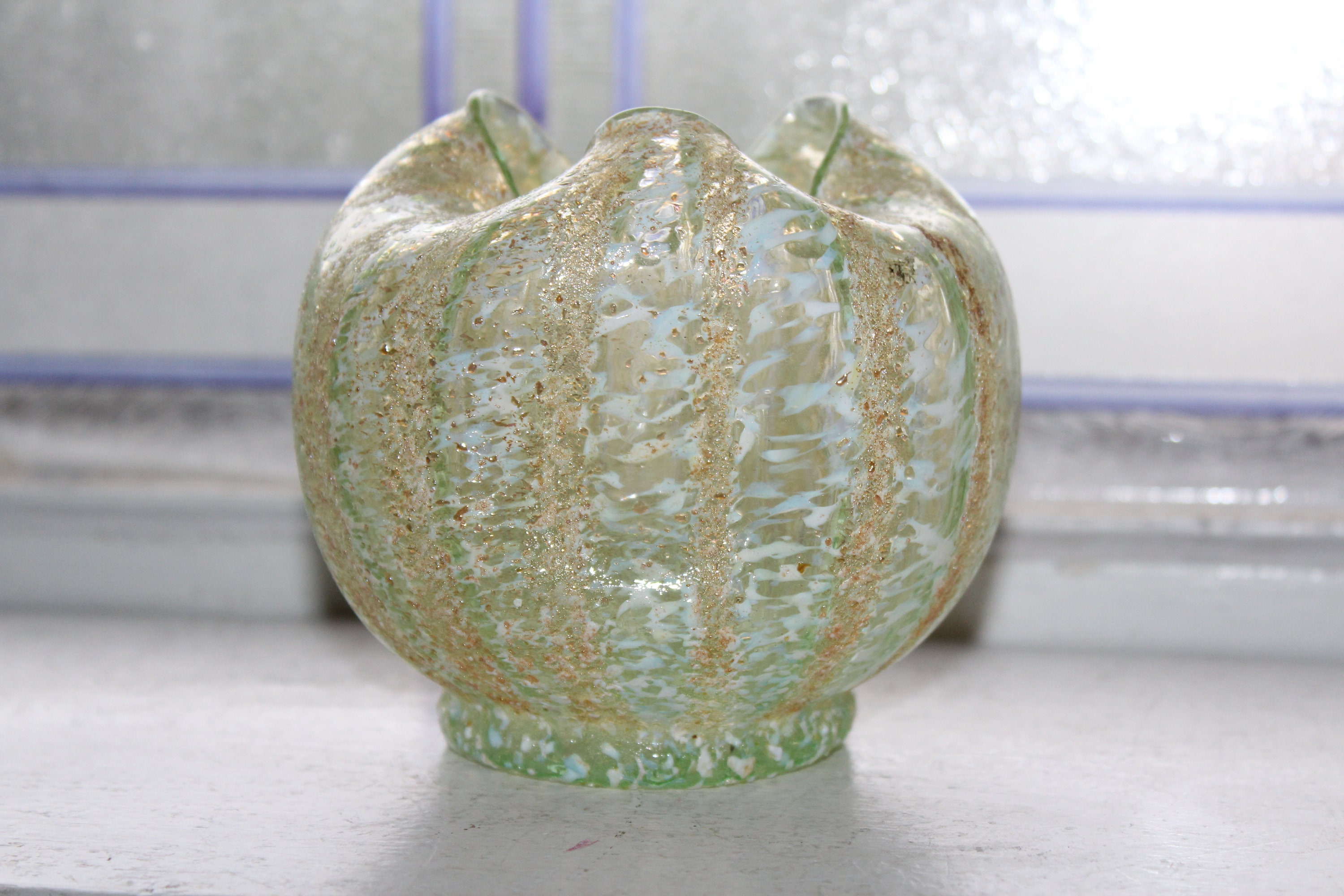 Antique Dugan Glass Striped Frit Vase Rose Bowl Pinched Form Pompeian