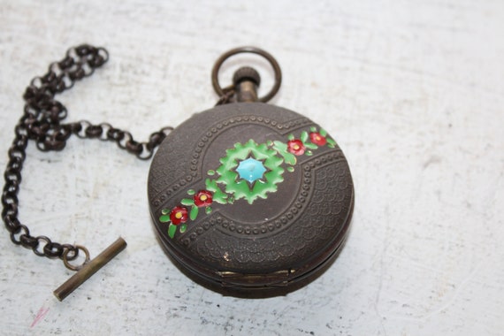 Ornate Antique Enameled Brass Pocket Watch Case - Gem