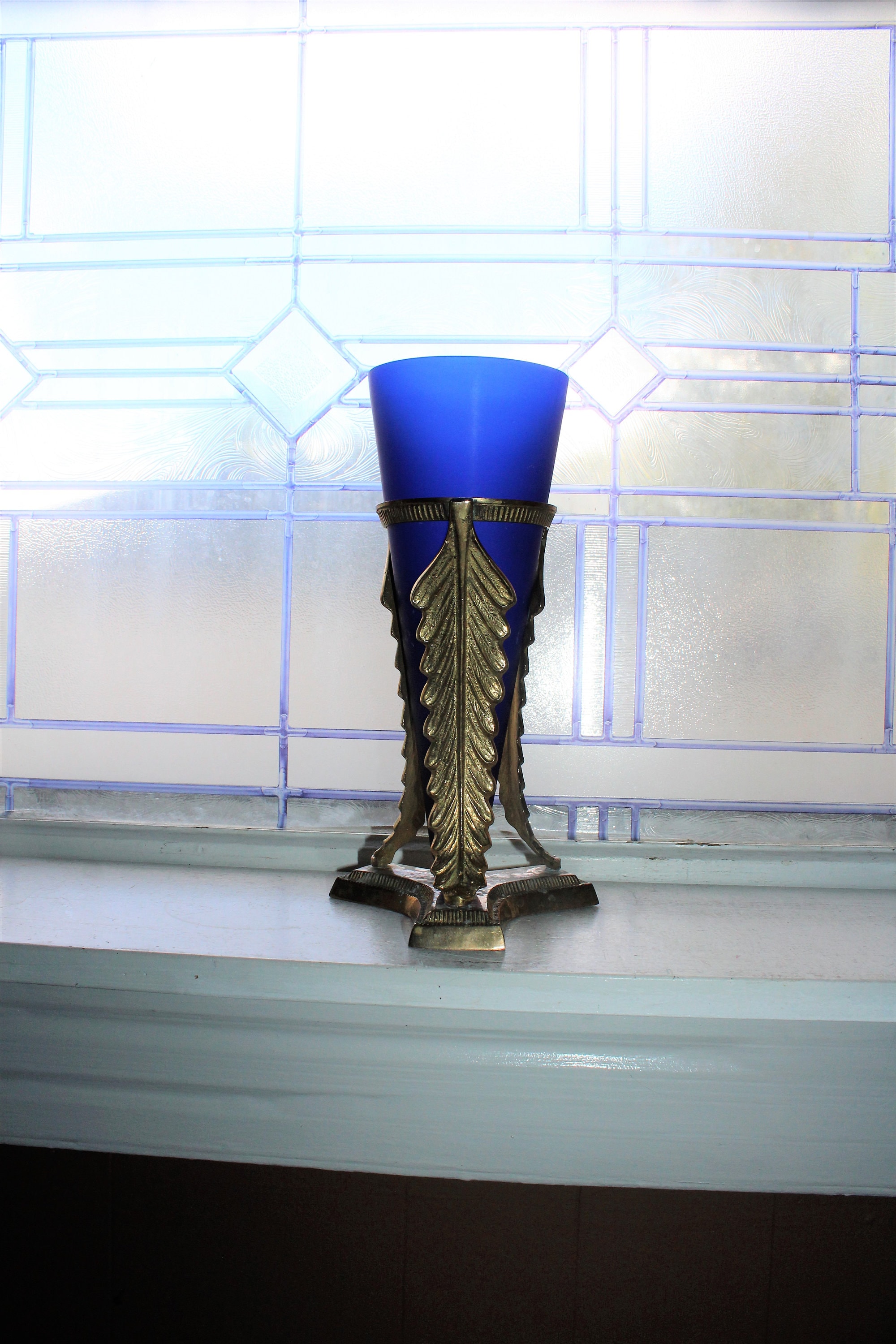 Large Vintage Cobalt Blue Glass Cone Vase in Brass Leaf Stand