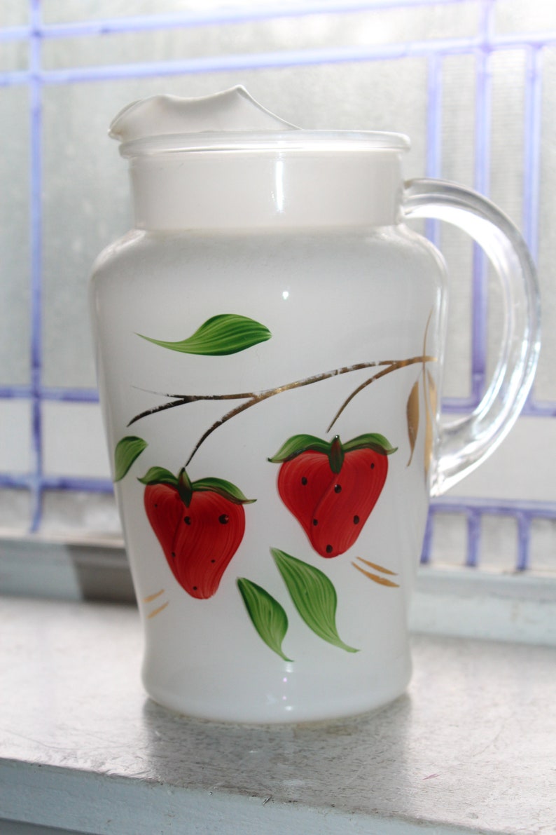 Vintage Glass Juice Pitcher White With Strawberry Decoration - Etsy