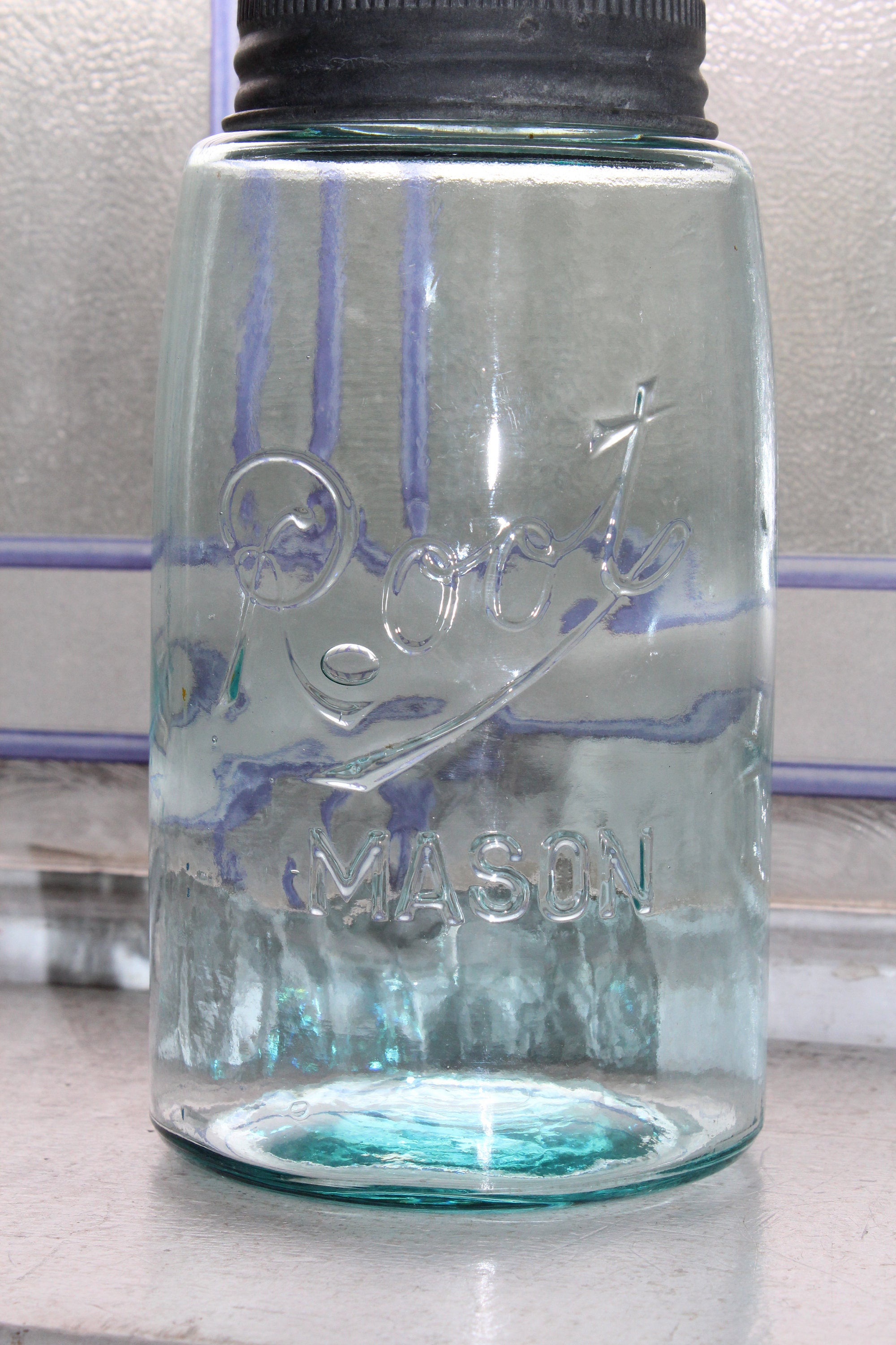 Blue Root Mason Jar Quart with Lid Antique 1900s