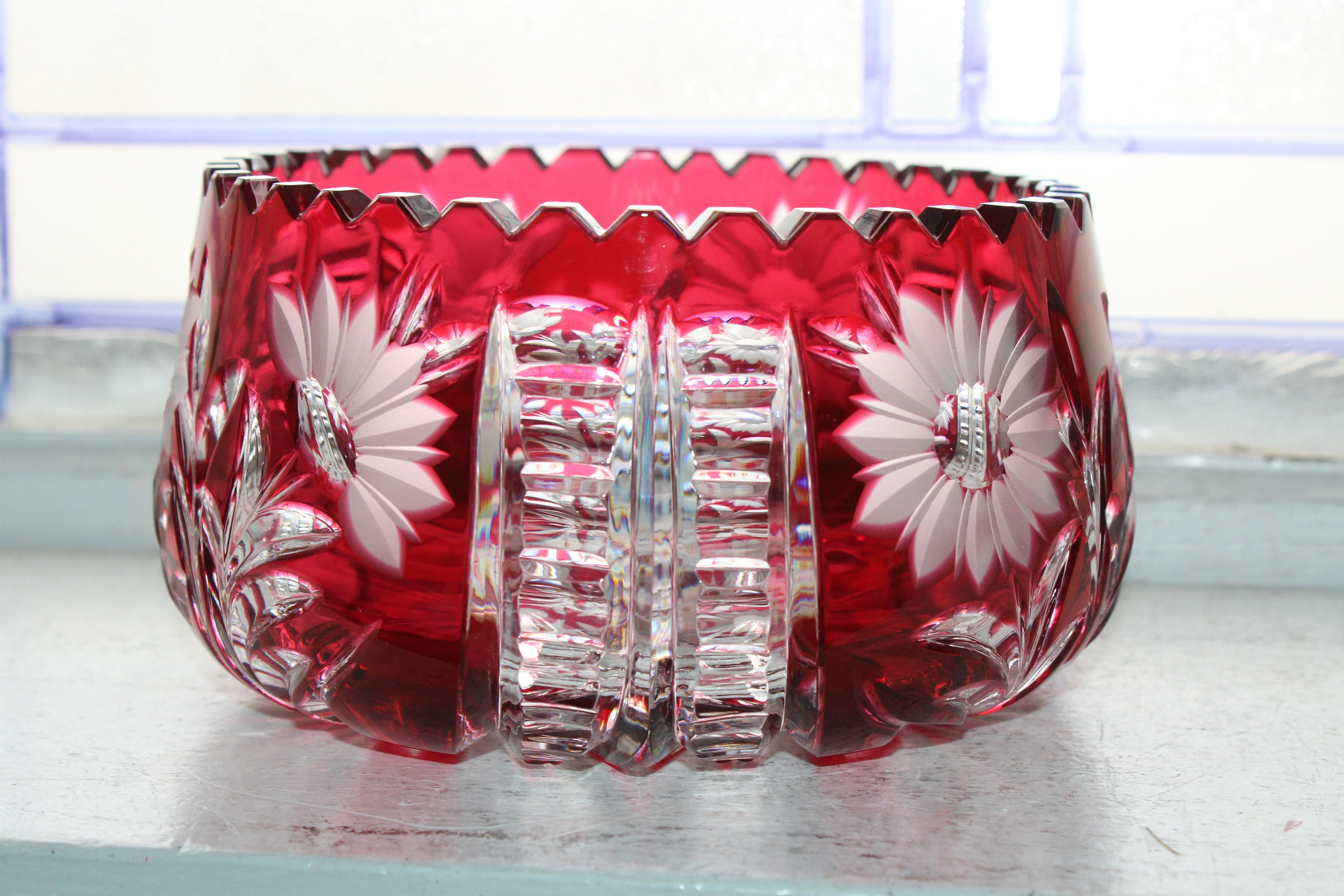 Vintage Ruby Red Cut To Clear Bohemain Glass Bowl Czech