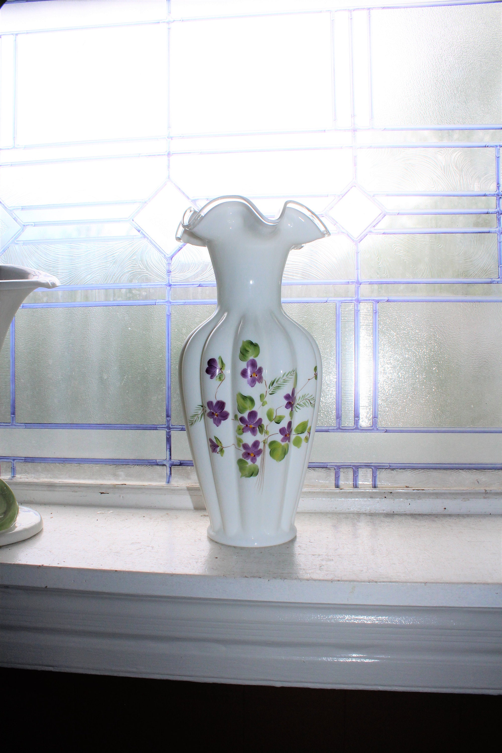 Large Fenton Glass Silver Crest Vase with Purple Flowers Vintage 1950s