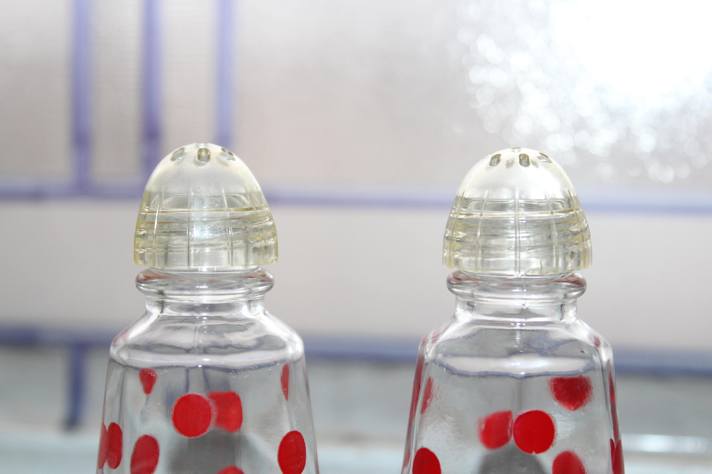 Vintage Salt and Pepper Shakers Glass with Red Polka Dots