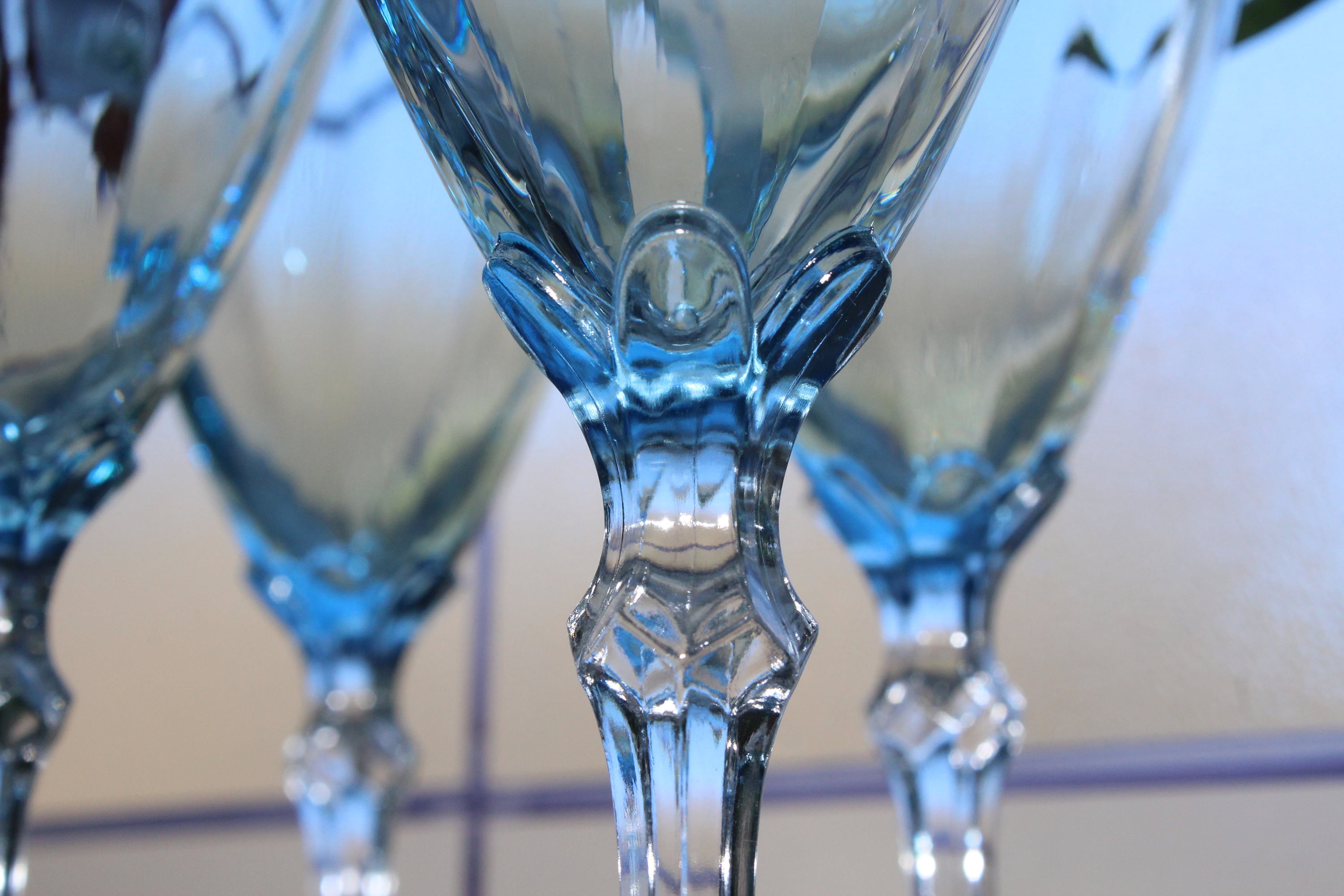 6 Fostoria Water Goblets Wine Glasses Azure Blue Pattern 5098 1950s