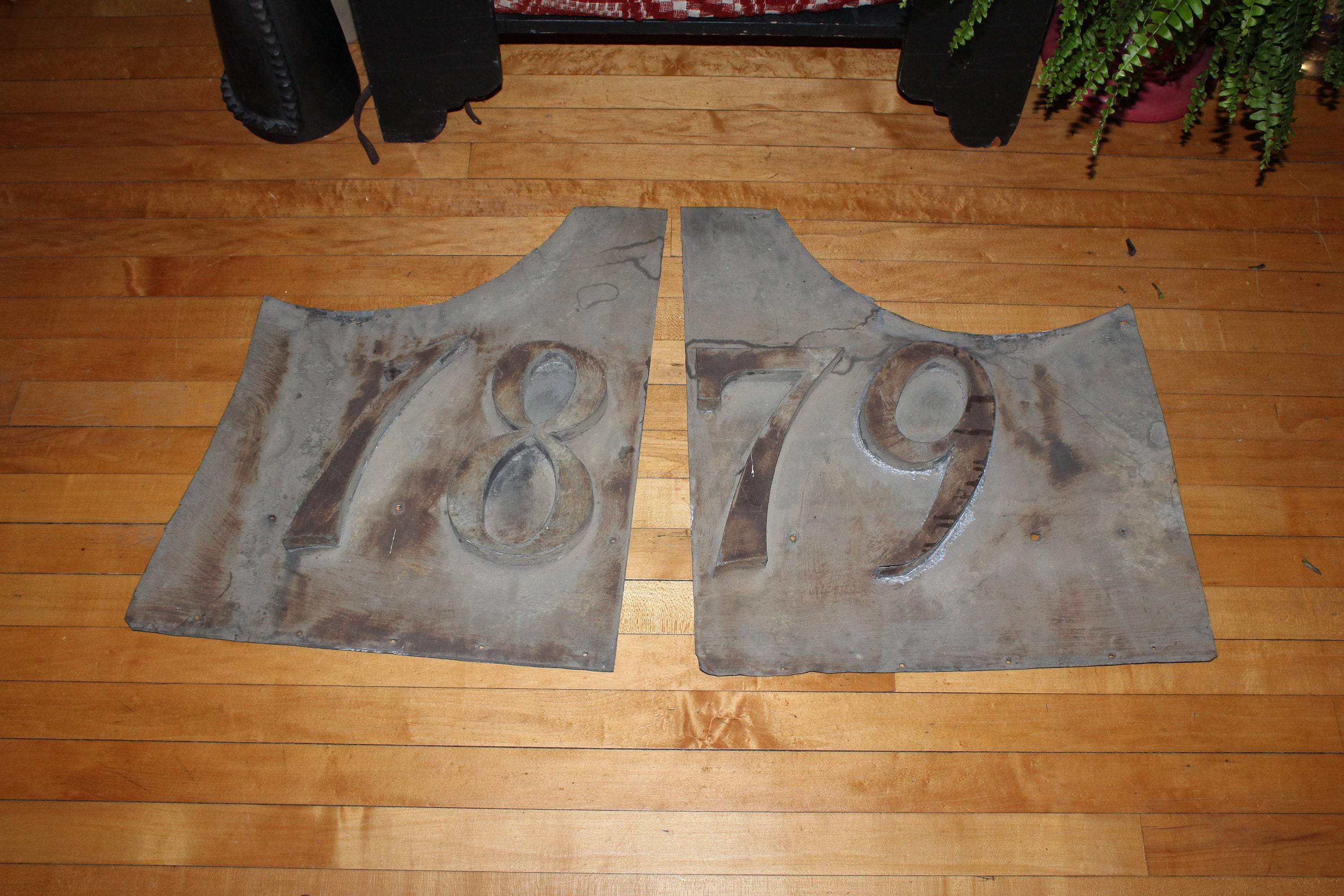 Antique Architectural Salvage Large Building Tin Sign 1879
