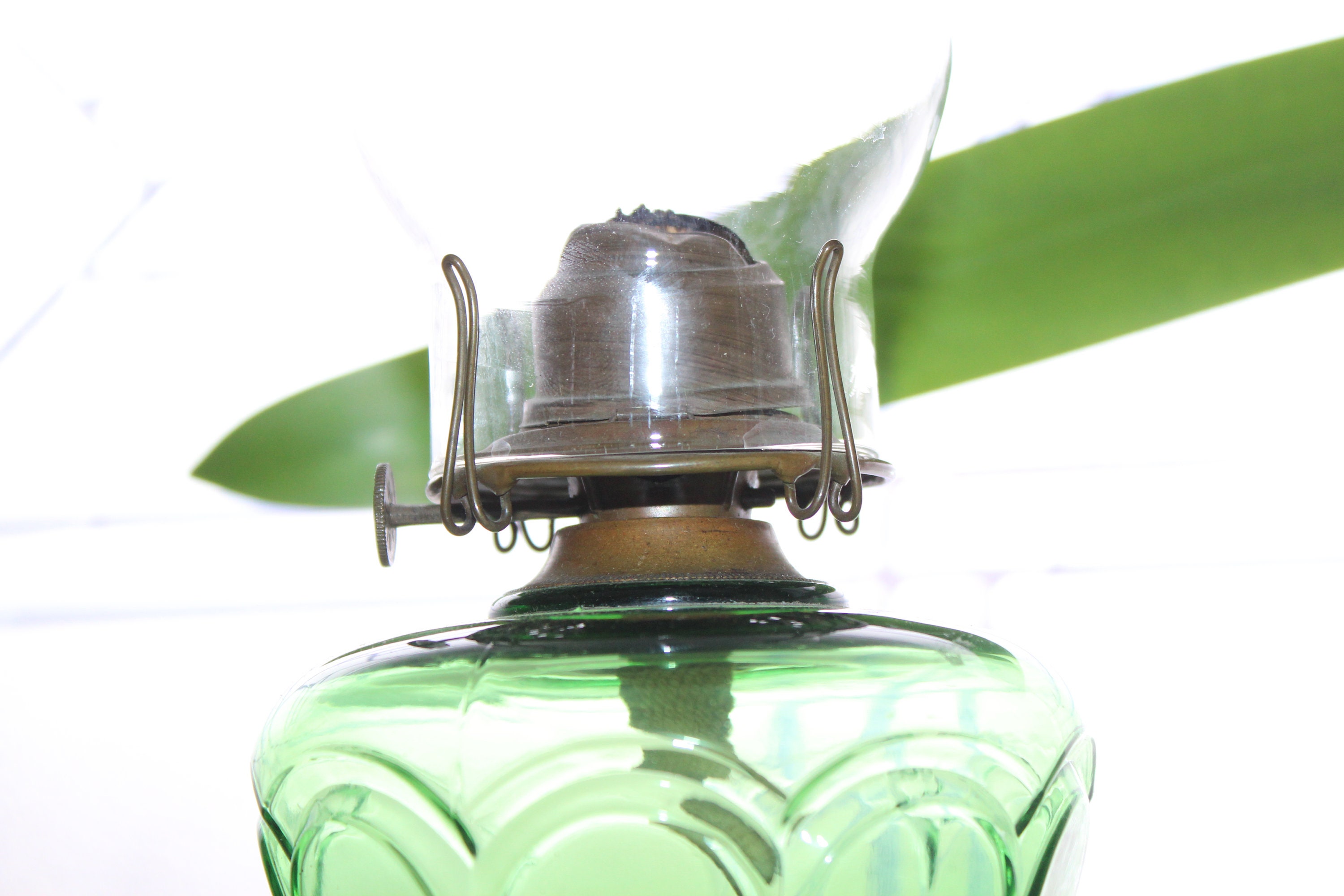 Antique Forest Green Glass Oil Lamp