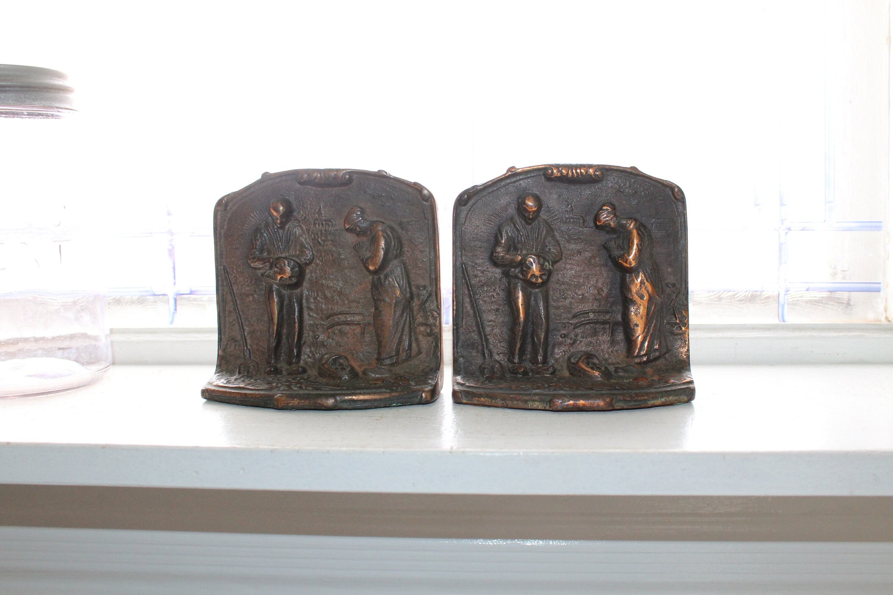Vintage Bookends Cast Bronze 1920s Angelus Praying Farmers Noon Prayer