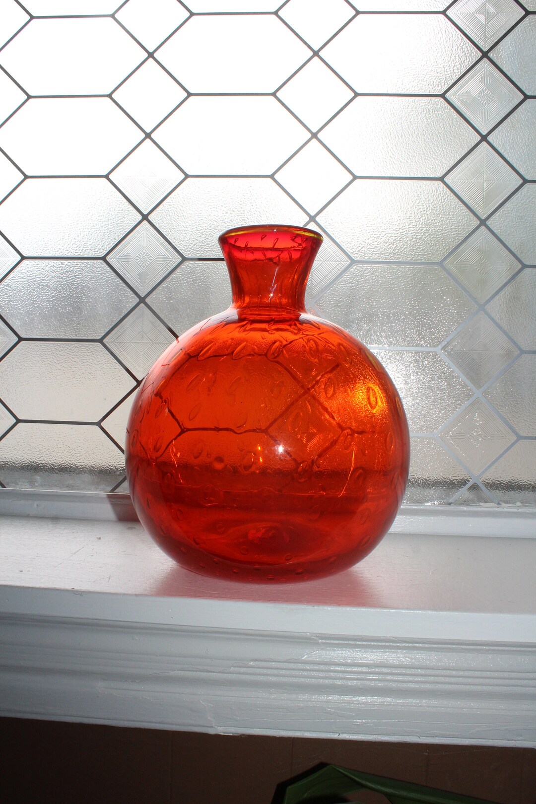 Large Mid Century Glass Ball Vase Orange With Controlled Bubbles Etsy