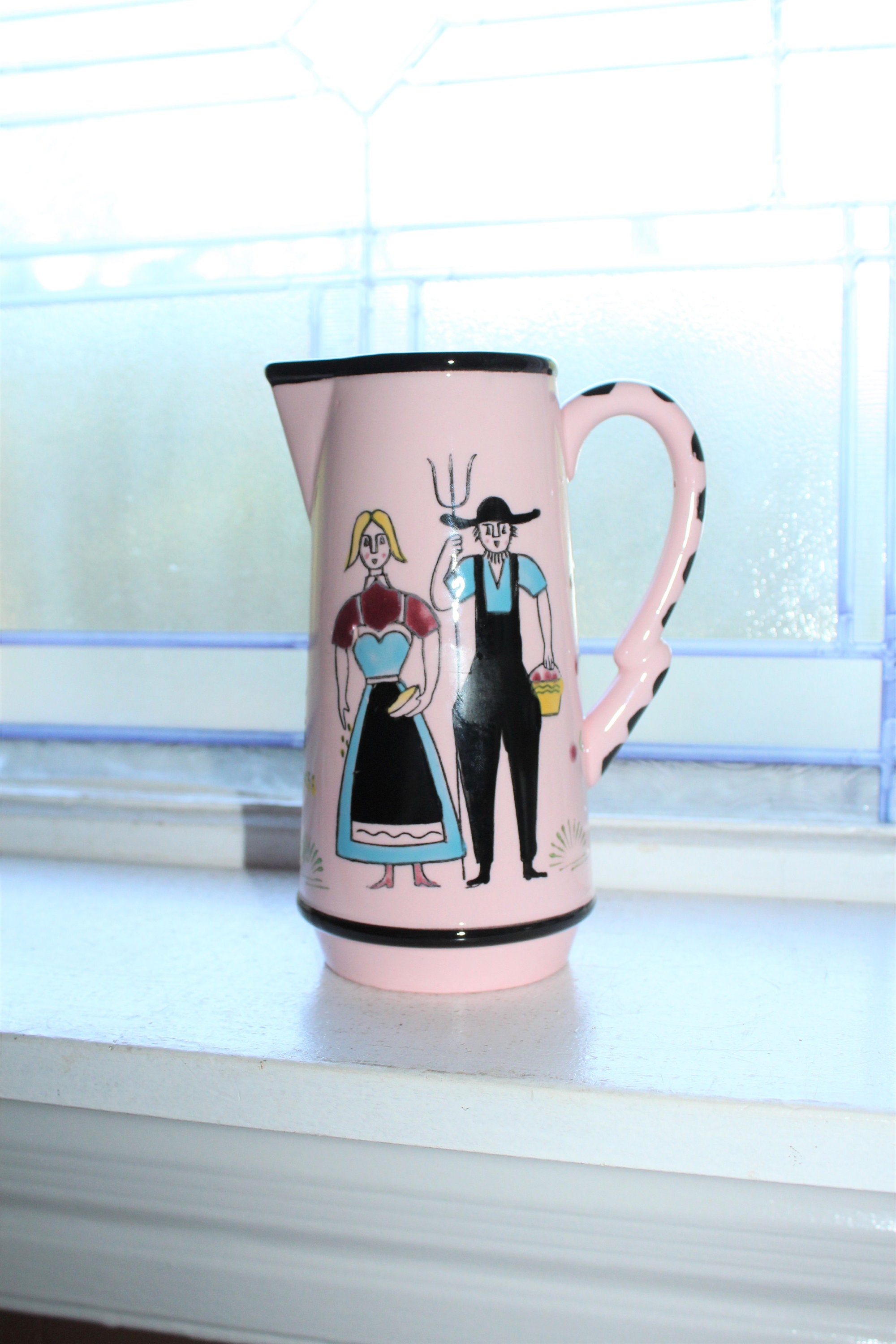 Vintage Milk Pitcher Homesteaders Farmers in Pink and Black
