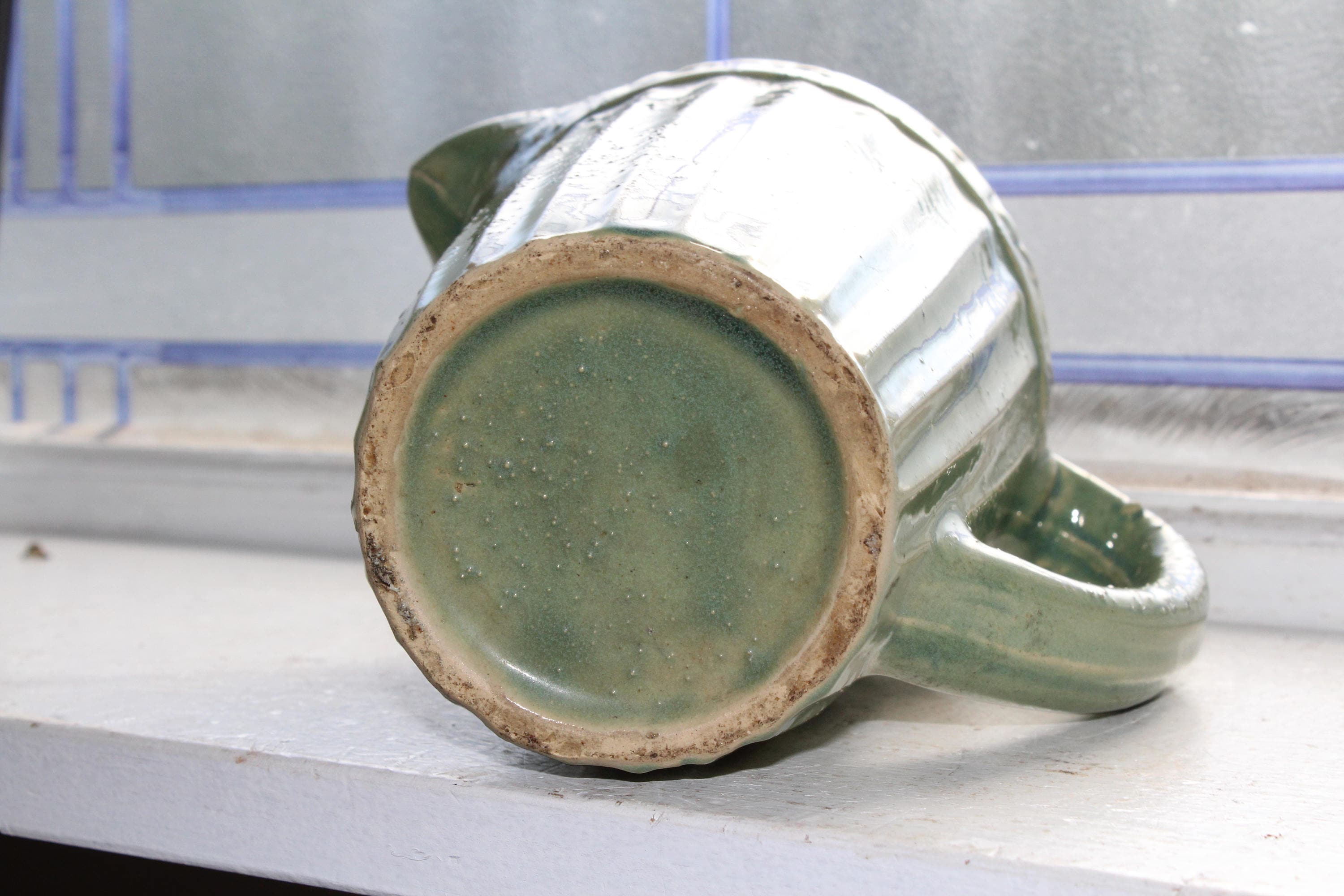 Vintage Green Stoneware Milk Pitcher Rustic Farmhouse Decor