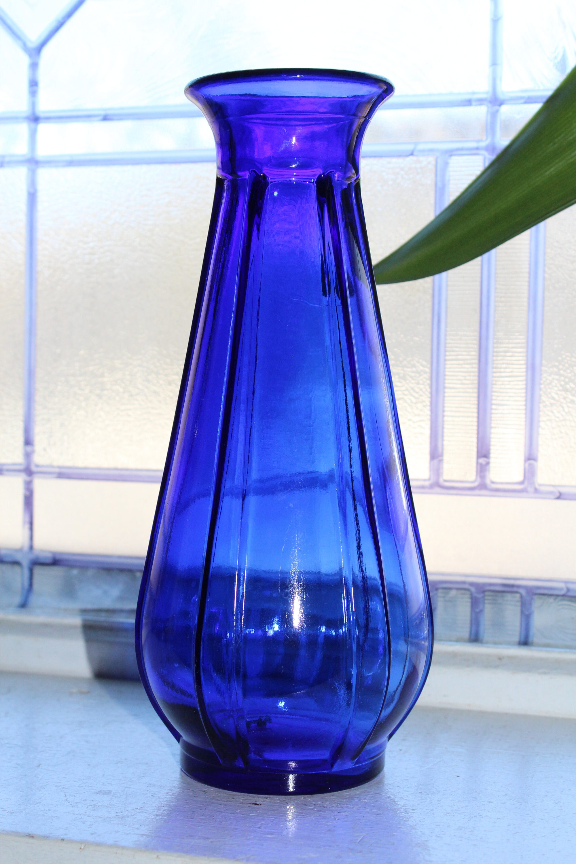 Art Deco Cobalt Blue Glass Large Ribbed Vase Vintage 1920s