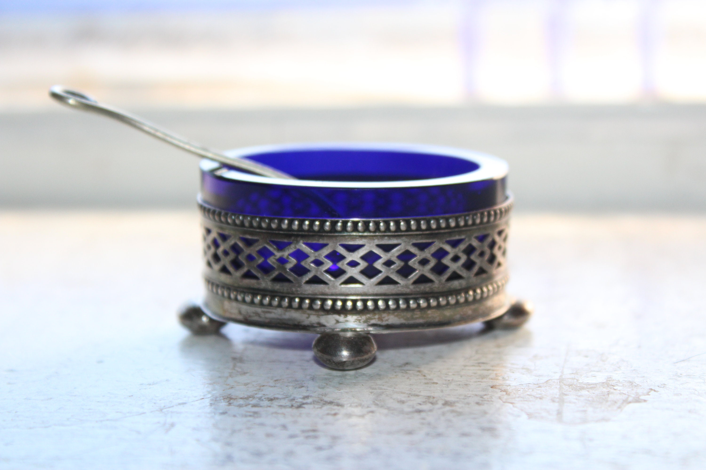 Vintage Sterling Silver and Cobalt Blue Glass Salt Cellar with Spoon