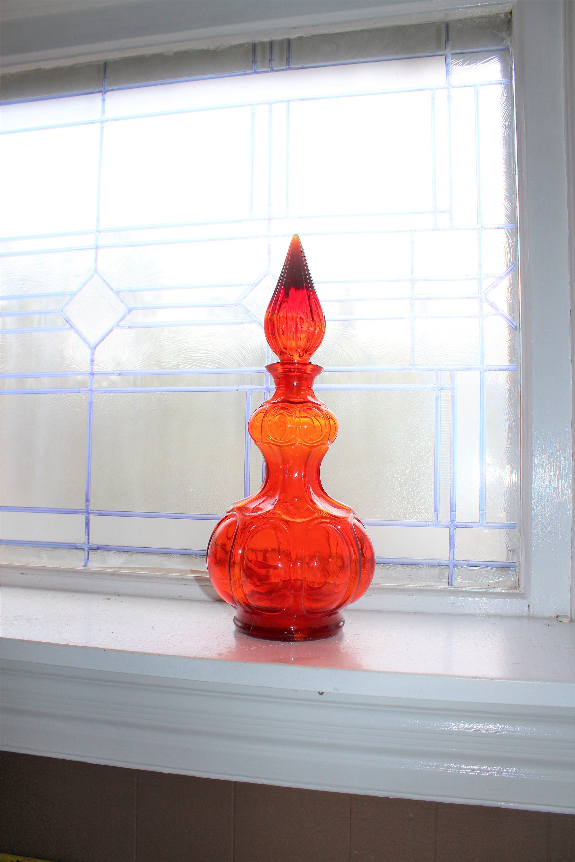 Large Amberina Orange Glass Genie Bottle Vintage 1960s Retro Decor
