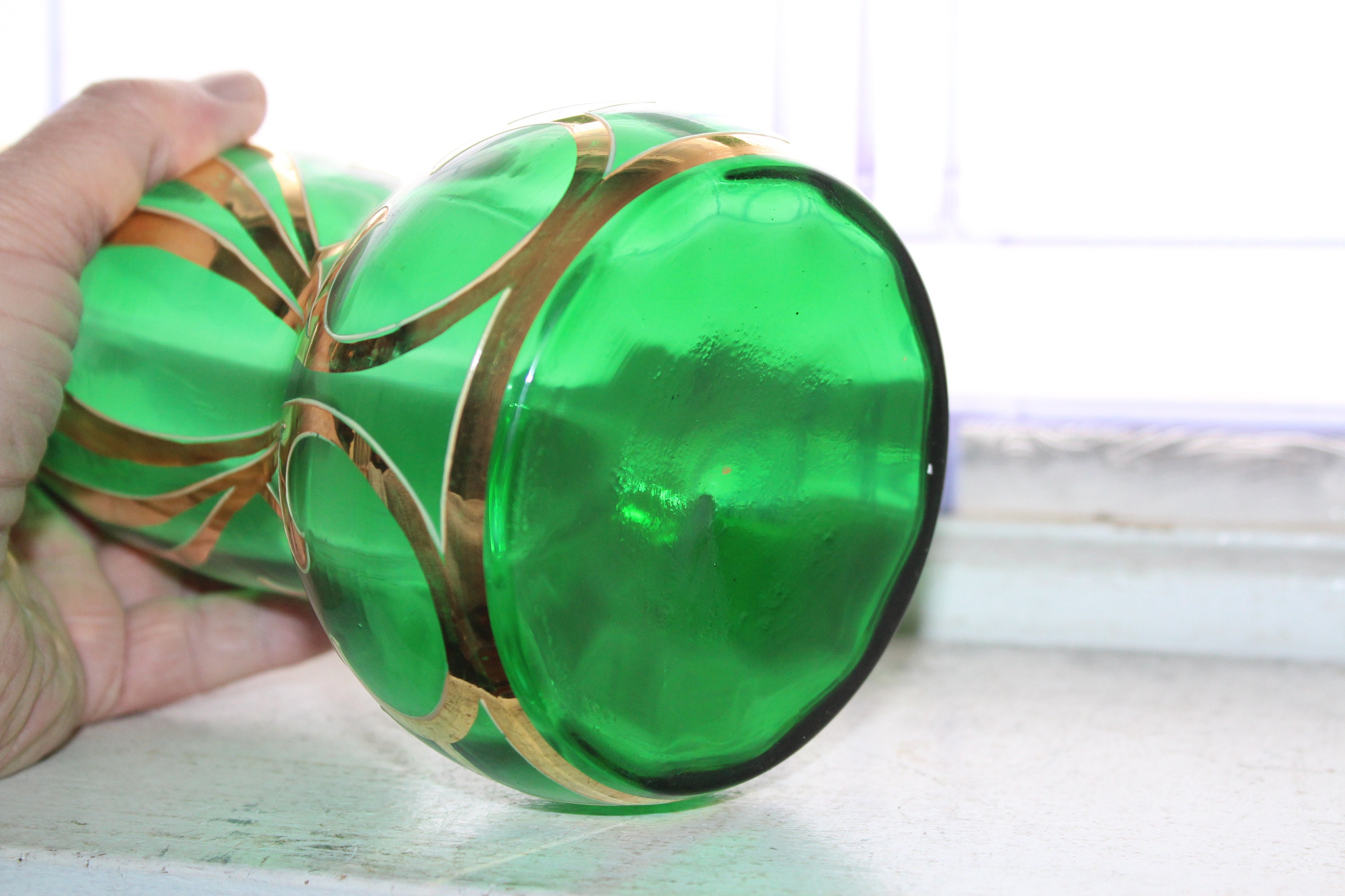 Antique Art Nouveau Glass Vase Emerald Green With Gold Antique Art Nouveau Glass Vase Emerald Green With Gold