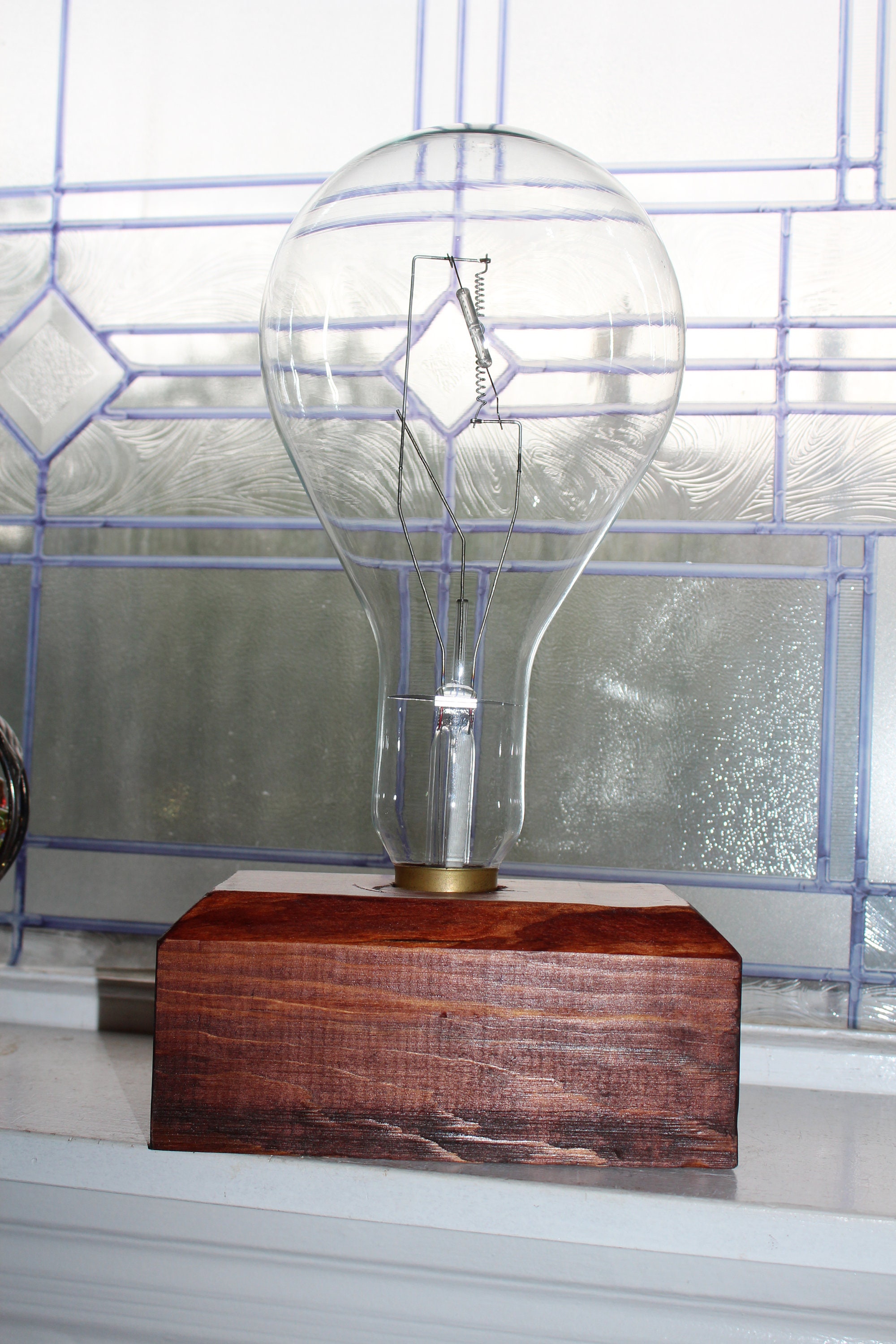 Huge Vintage Light Bulb & Wooden Stand Industrial Steampunk Decor