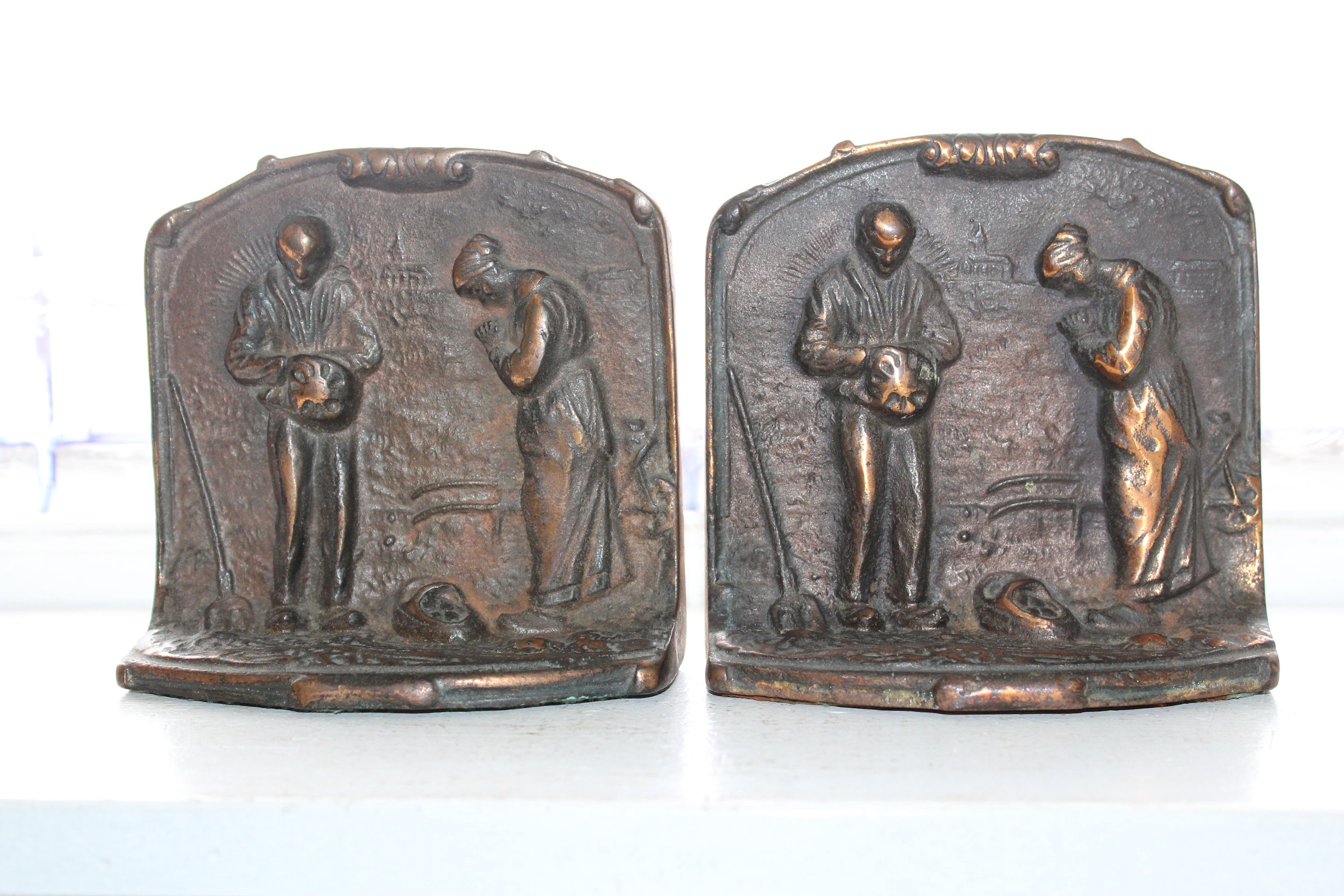 Vintage Bookends Cast Bronze 1920s Angelus Praying Farmers Noon Prayer