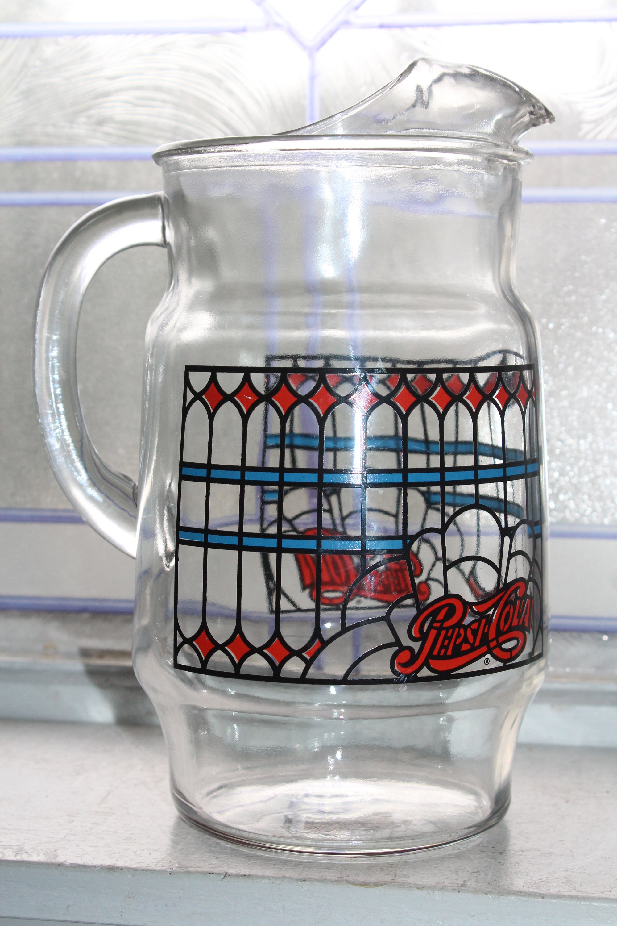 Large Vintage Pepsi Cola Stained Glass Pitcher with Ice Lip