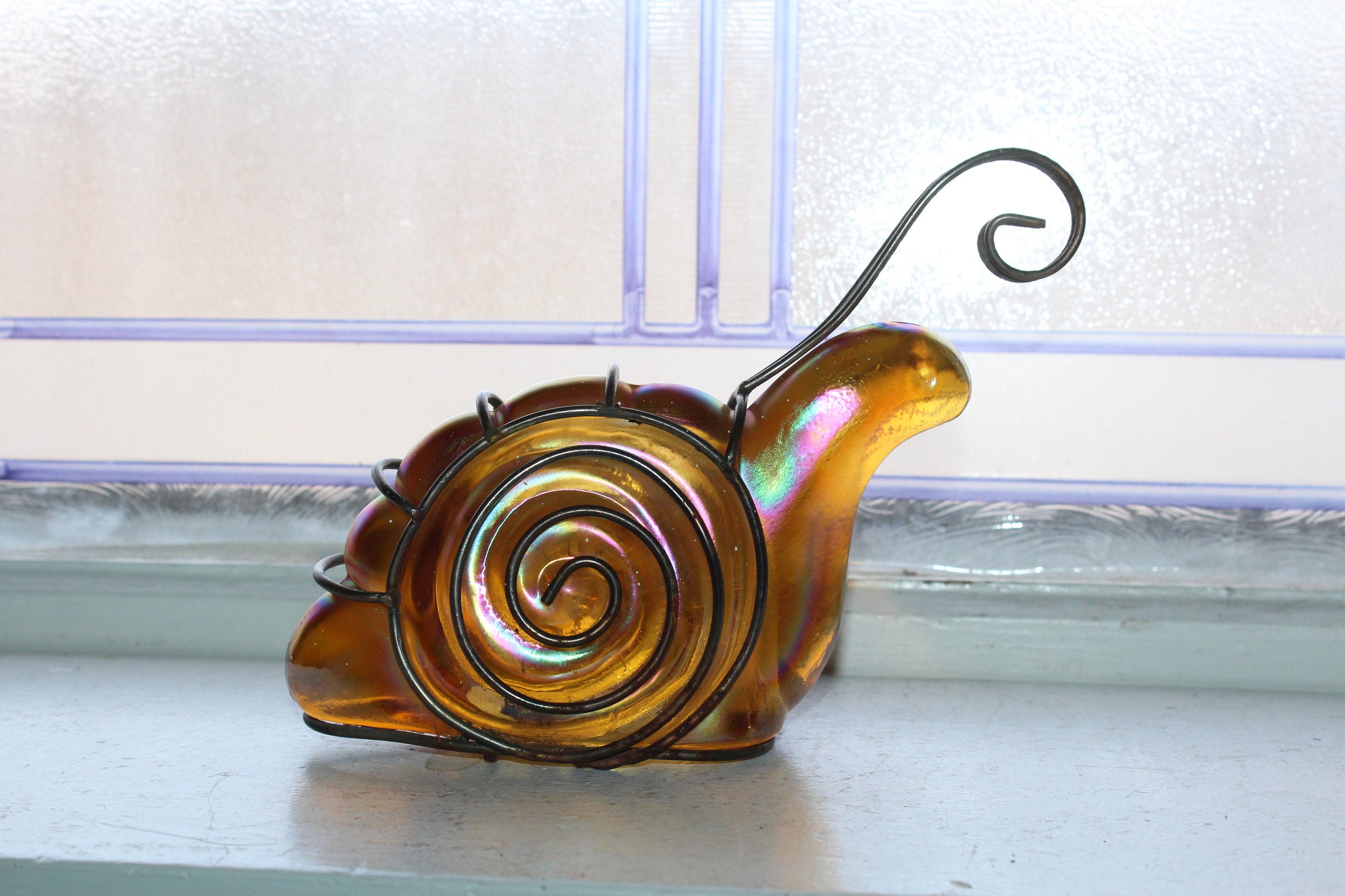 Vintage Carnival Glass Iridescent Snail Wire Wrapped