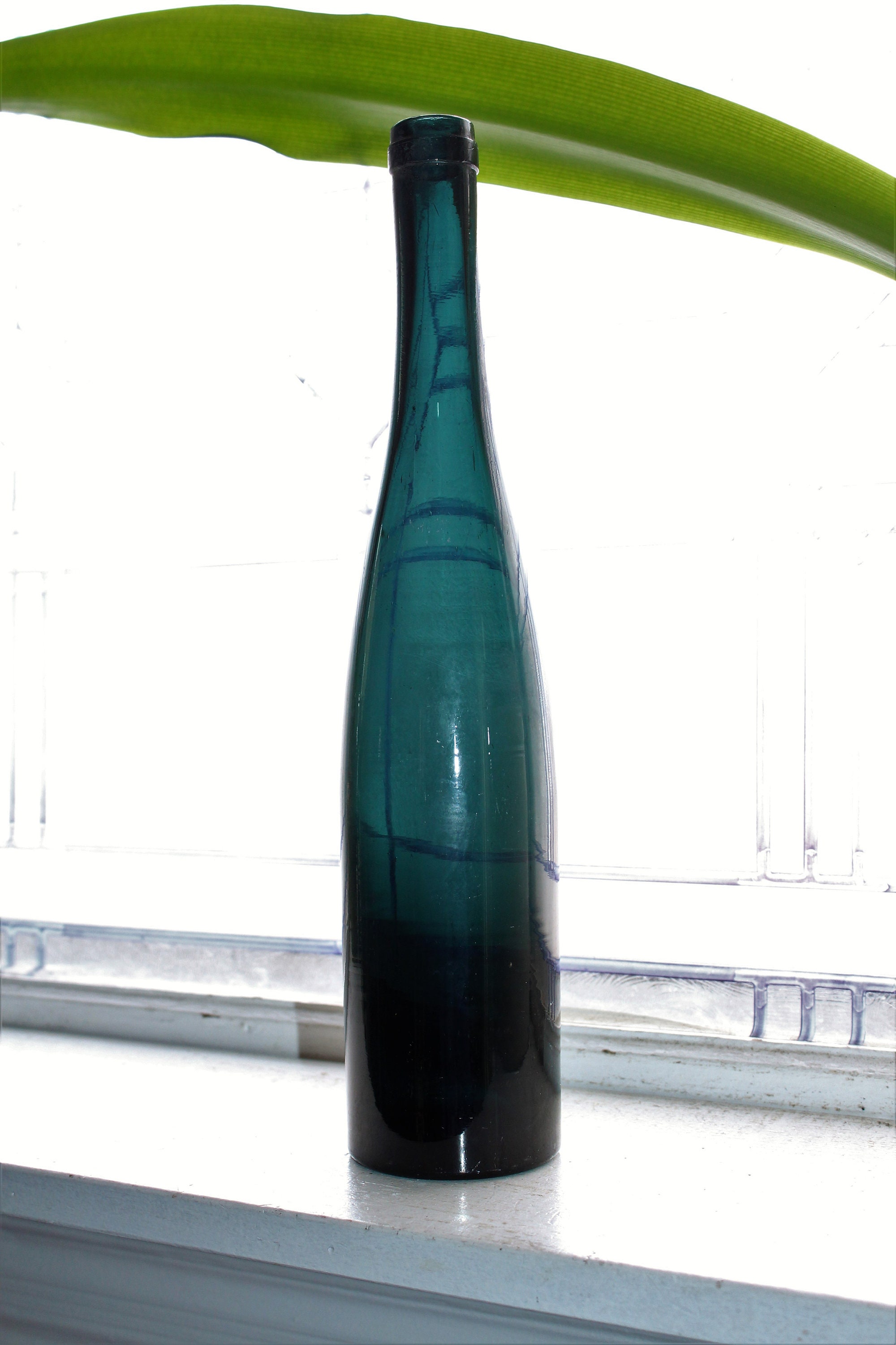 Large Antique Teal Blue Glass Wine Bottle 14 Circa 1800s Hock Shape