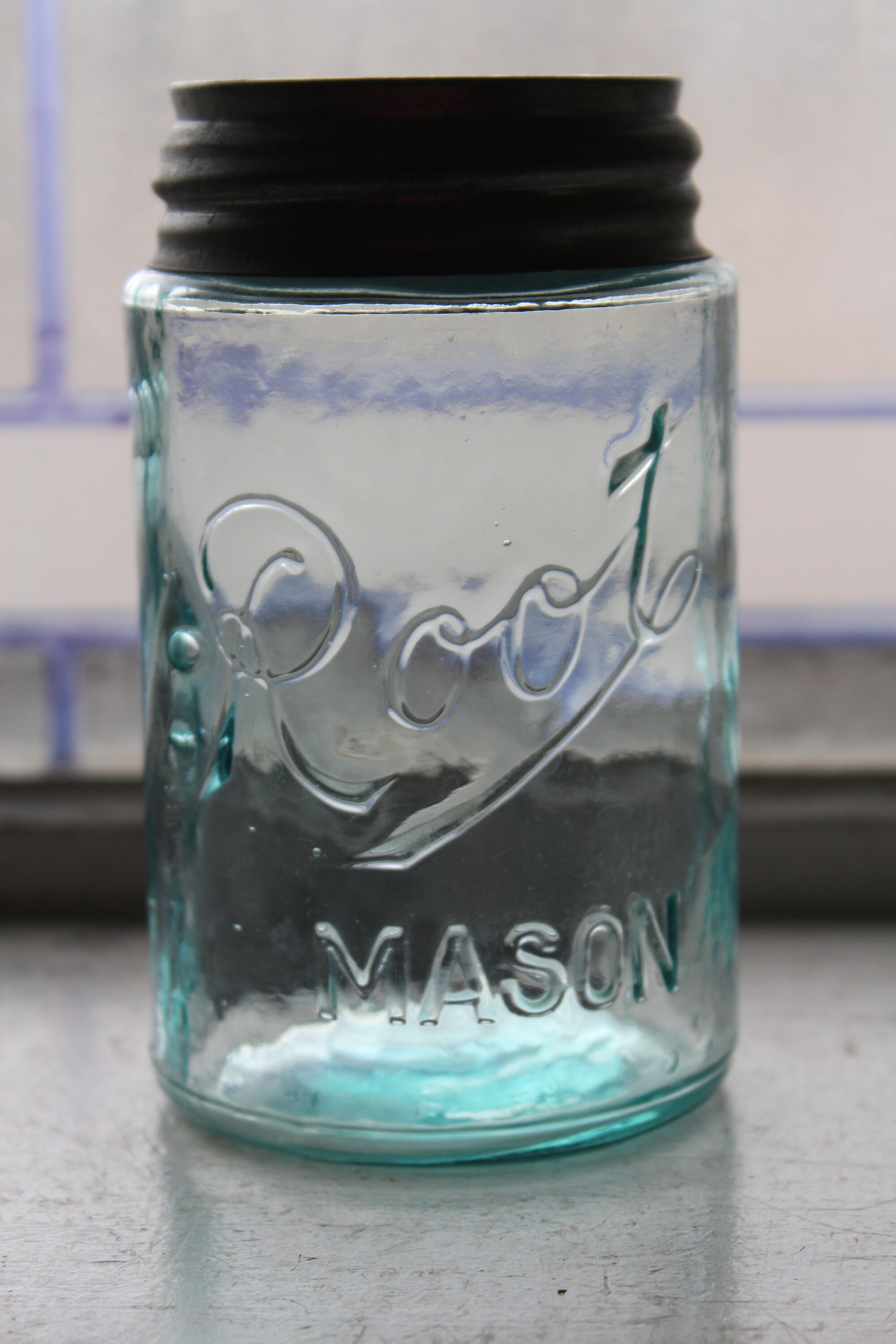 Antique Blue Root Mason Jar Pint with Zinc Lid 1900s