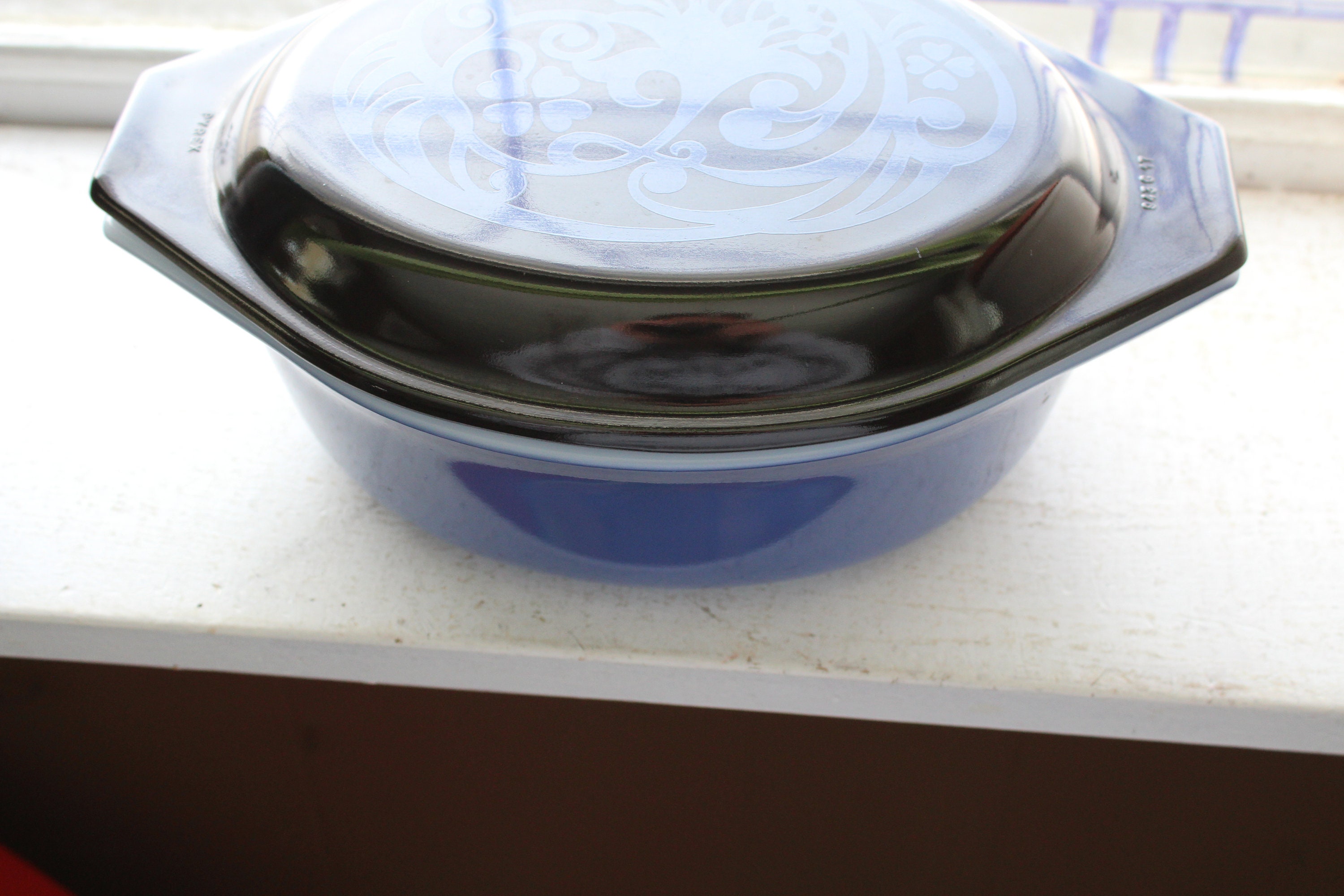 Pyrex Midnight Bloom Casserole with Lid Black and Blue Vintage 1970s
