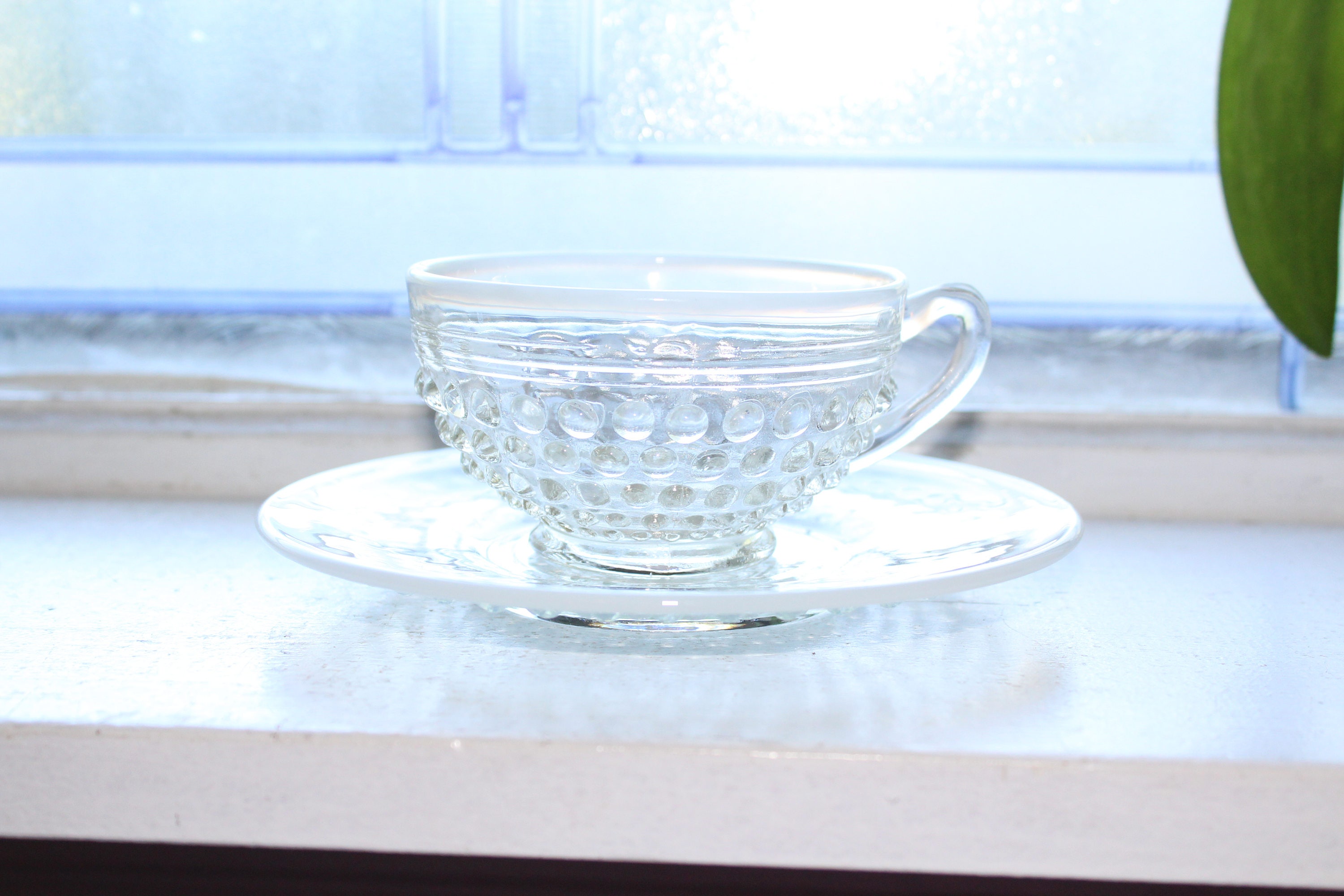 Moonstone Glass Cup and Saucer Opalescent Hobnail Vintage 1940s