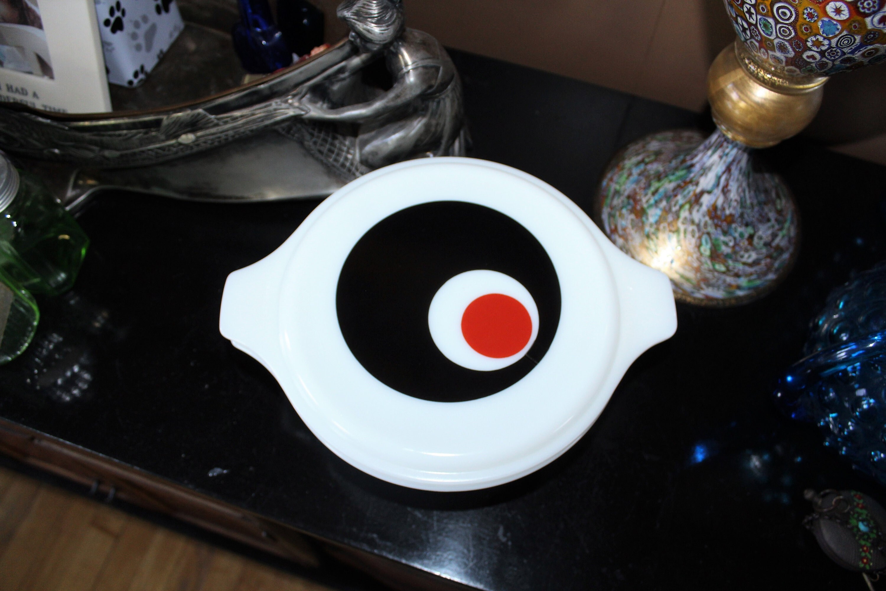 Pyrex Moon Deco Casserole with Lid Red White Black Vintage 1970s