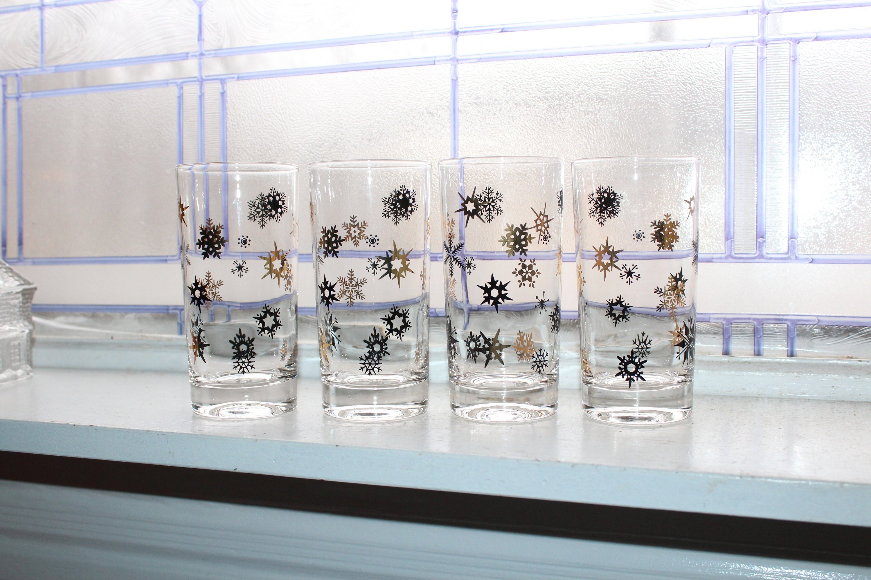 4 Mid Century Atomic Snowflake Glass Tumblers