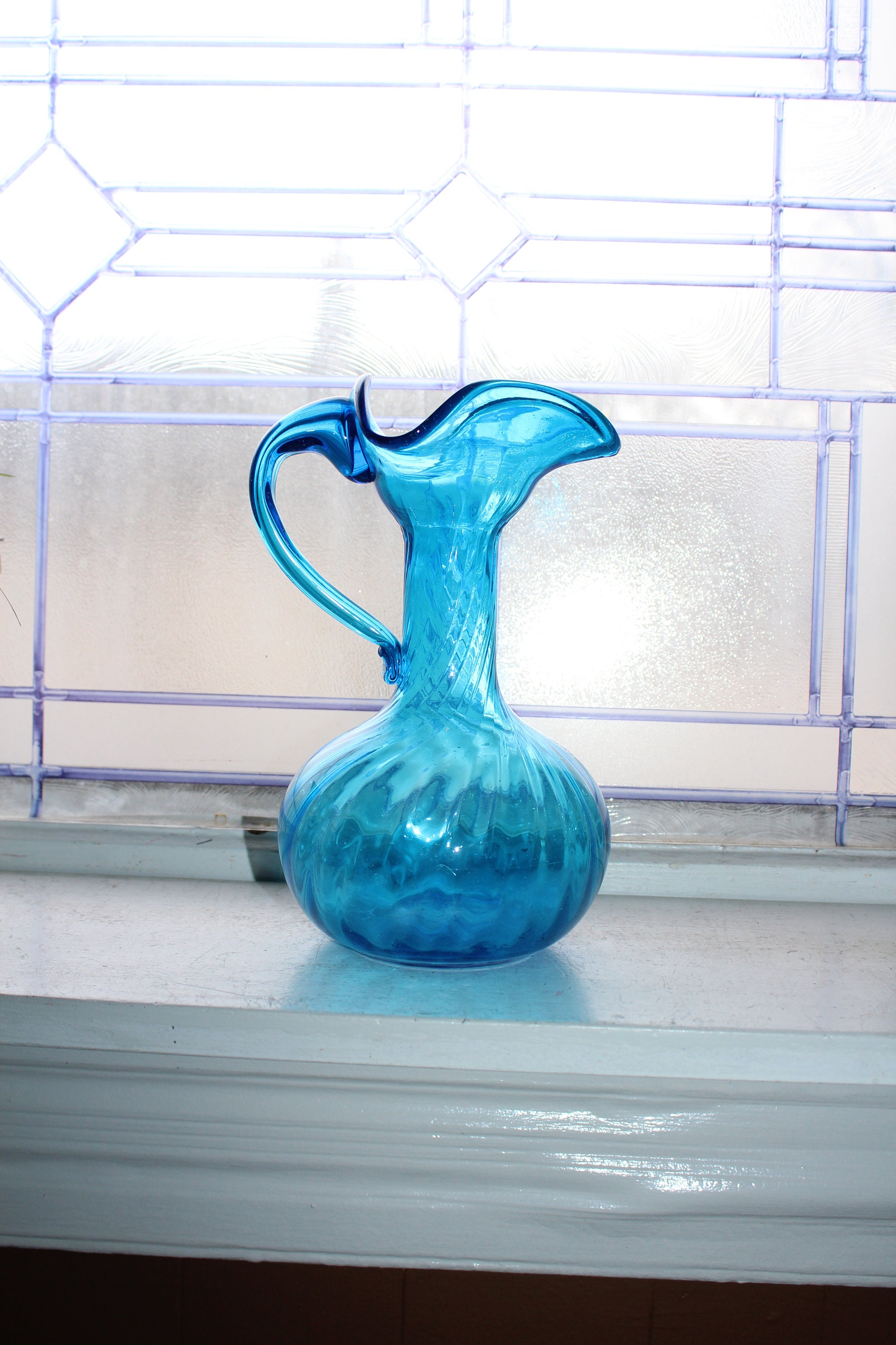 Large Mid Century Modern Blue Glass Pitcher Vintage 1950s