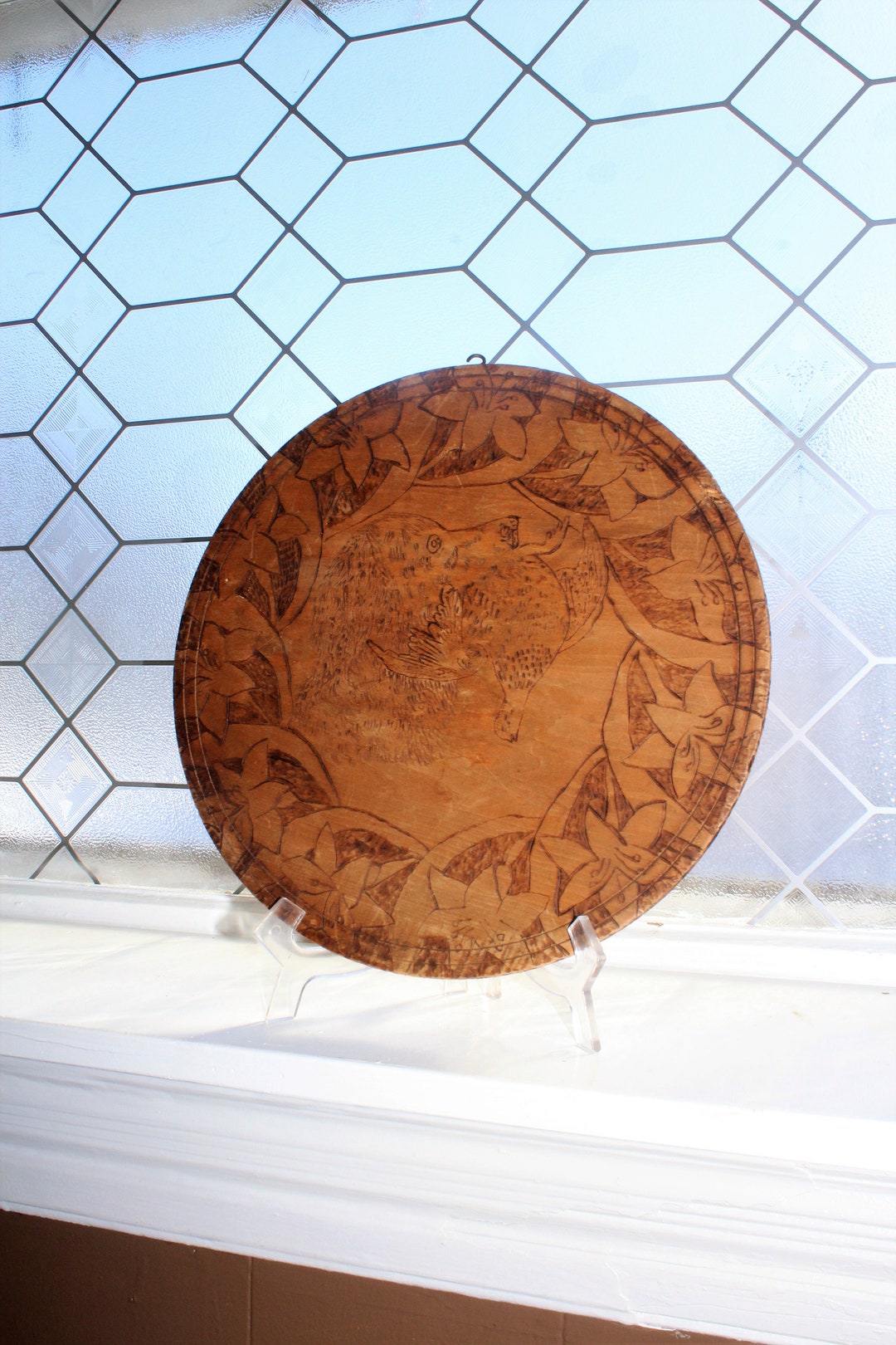 Large Antique Art Nouveau Pyrography Wall Plaque Hunting Dog With Bird ...