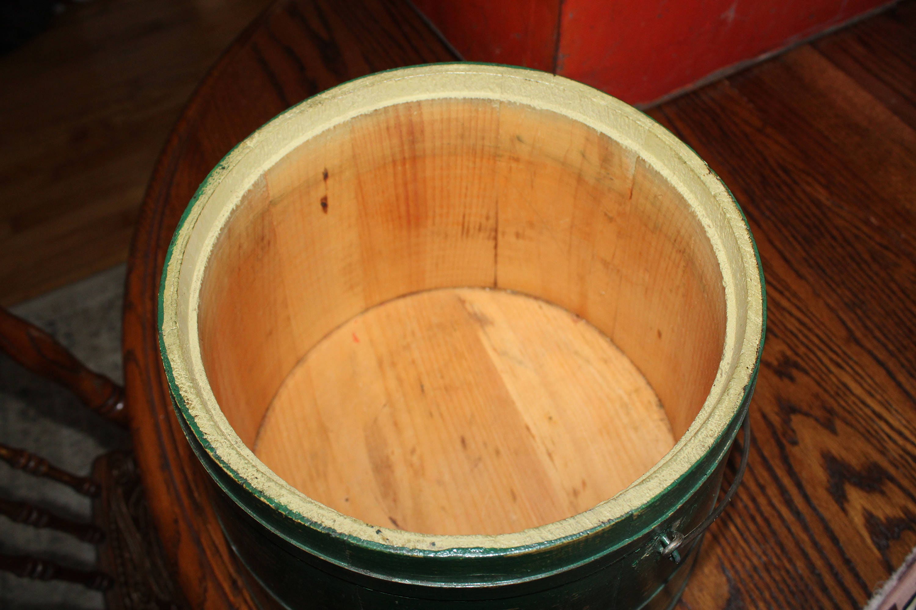 Antique Wood Firkin Green Paint Wooden Bucket with Lid and Bale Handle