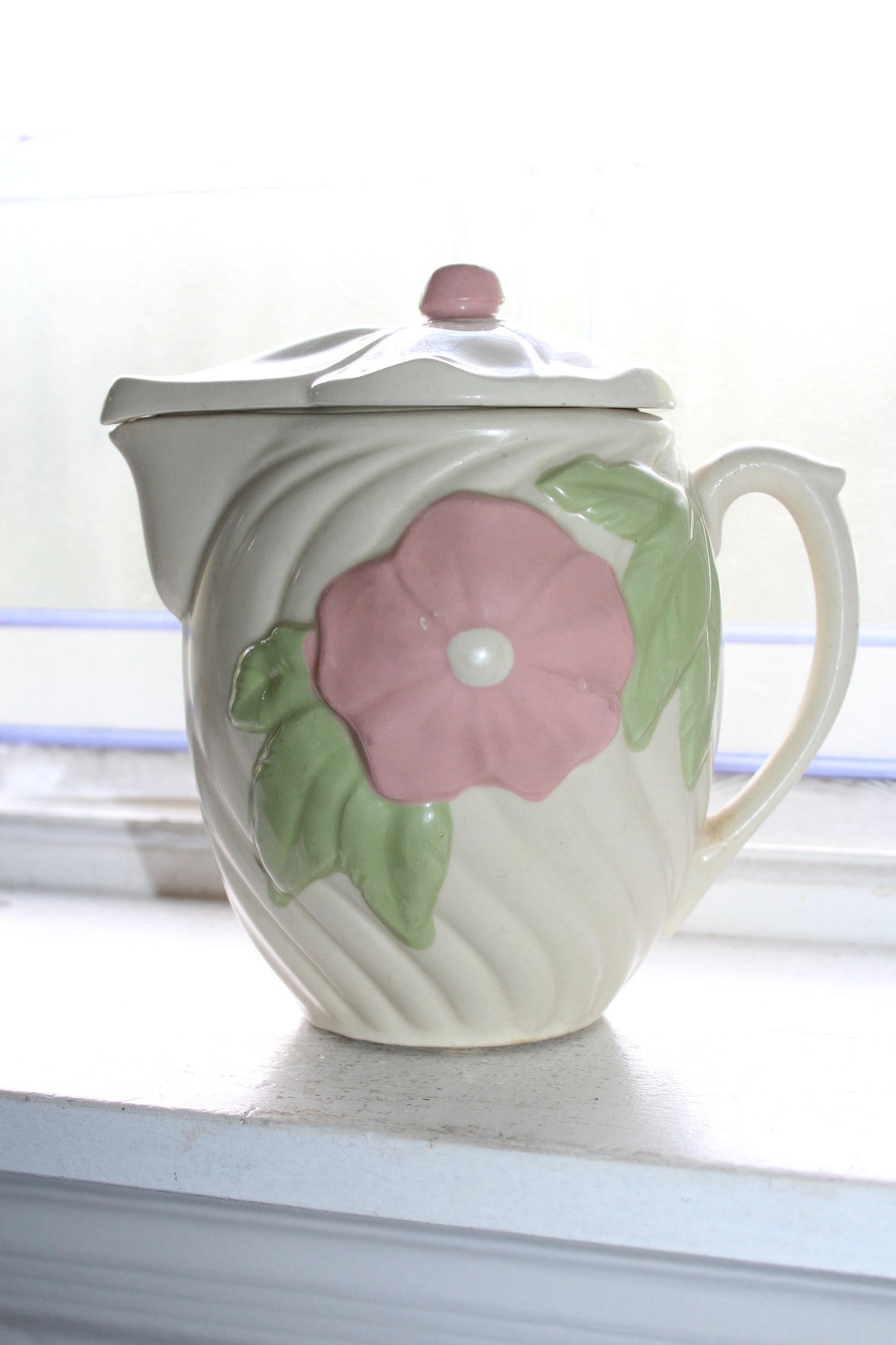 Vintage Pottery Pitcher With Lid and Prairie Rose Decoration - Etsy