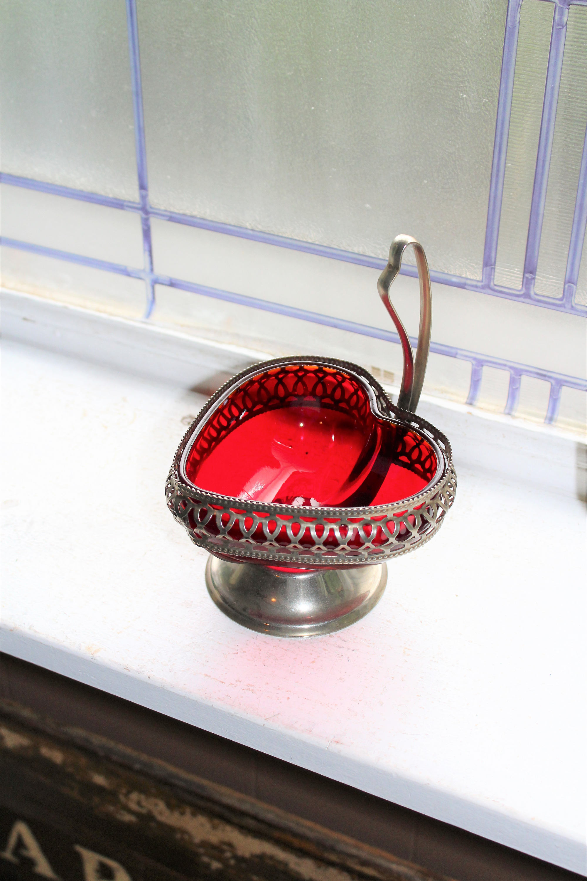 Royal Ruby Red Heart Dish in Sheffield Silverplate Stand Vintage 1950s