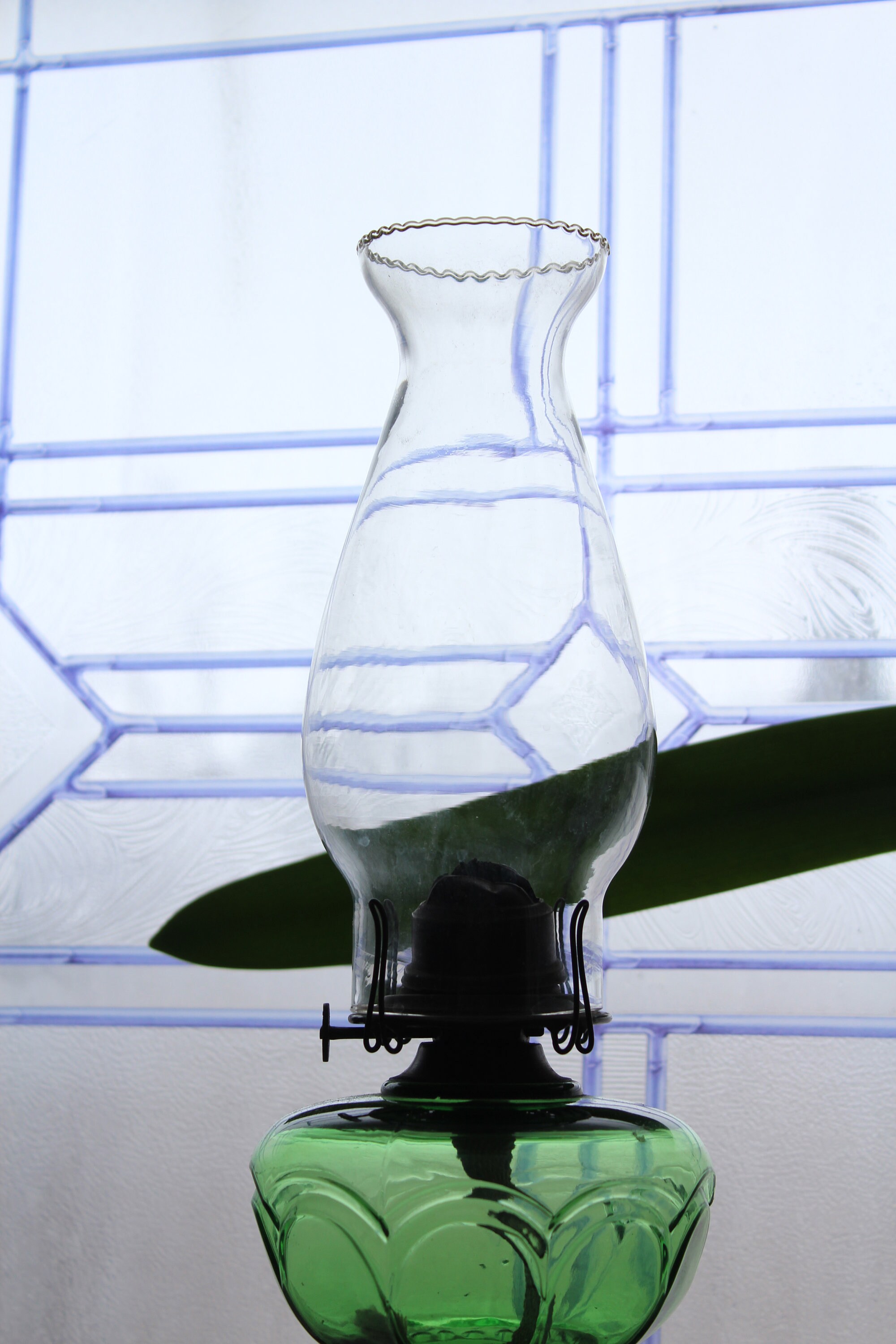 Antique Forest Green Glass Oil Lamp