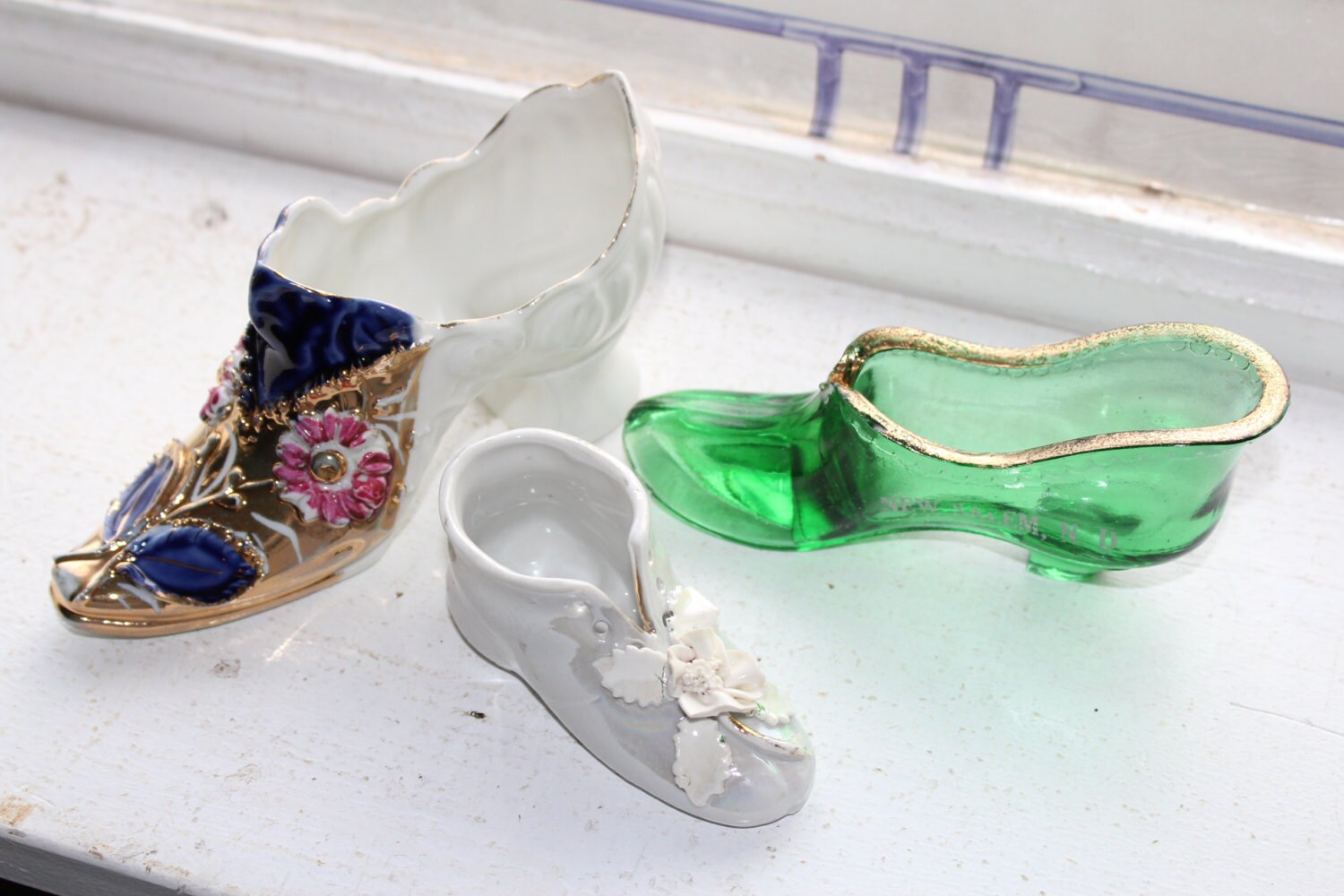 3 Antique Porcelain and Glass Shoes Souvenir Instant Collection