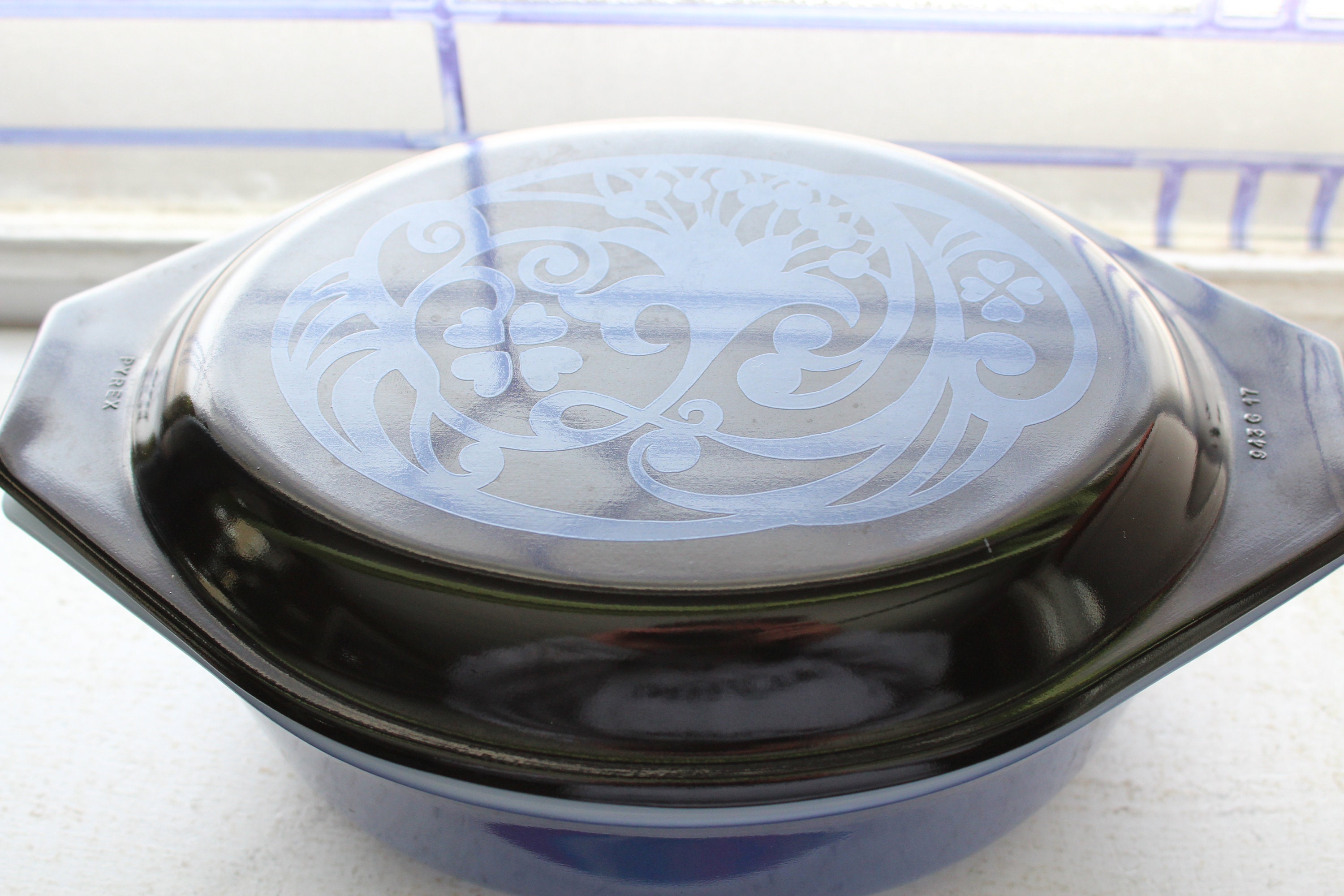 Pyrex Midnight Bloom Casserole with Lid Black and Blue Vintage 1970s