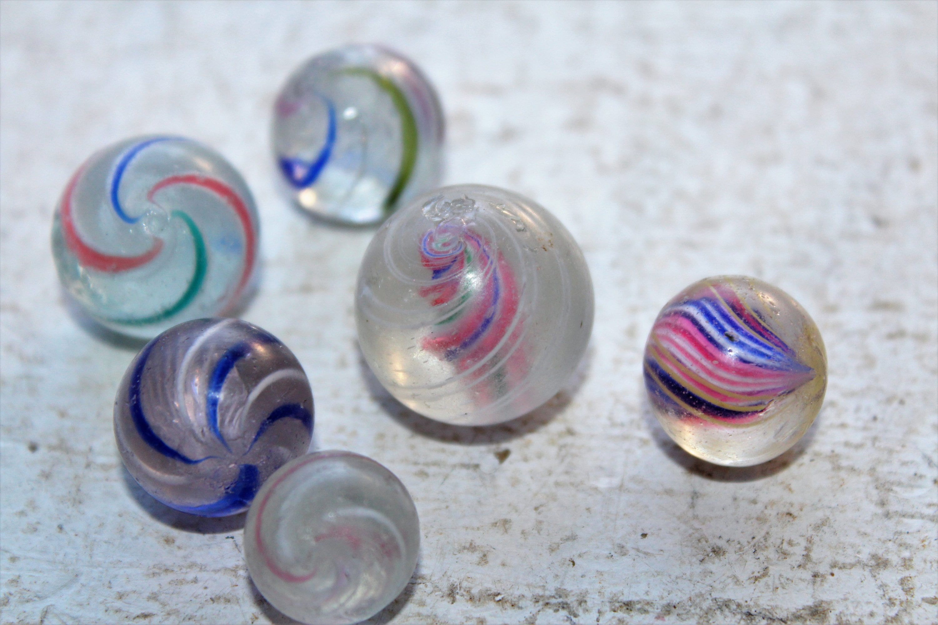 6 Antique Hand Made Glass Marbles Latticinio and Ribbons 6 Antique Hand Made Glass Marbles Latticinio and Ribbons