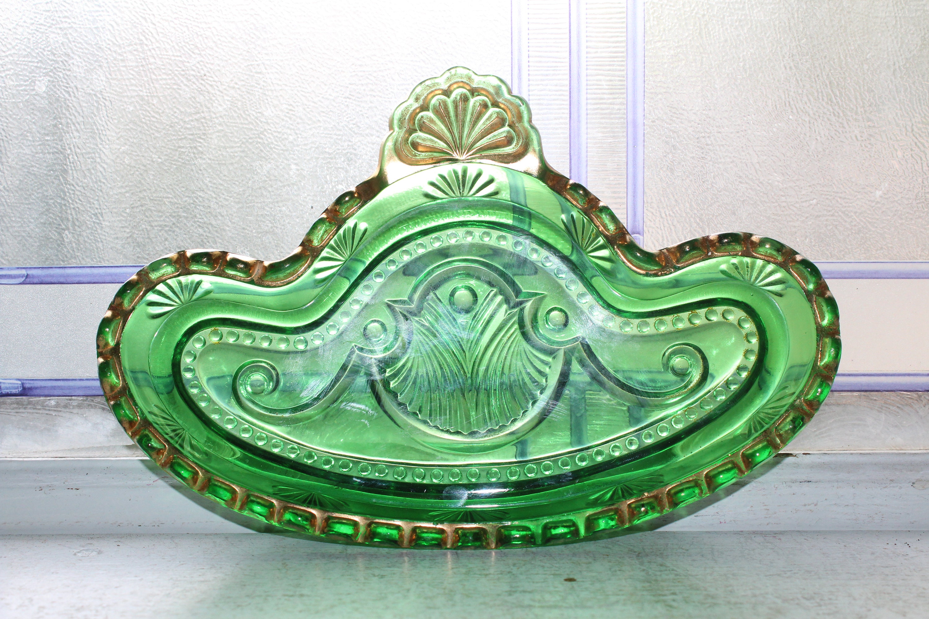 Antique EAPG Green Glass Tray Gold Trim Victorian Decor
