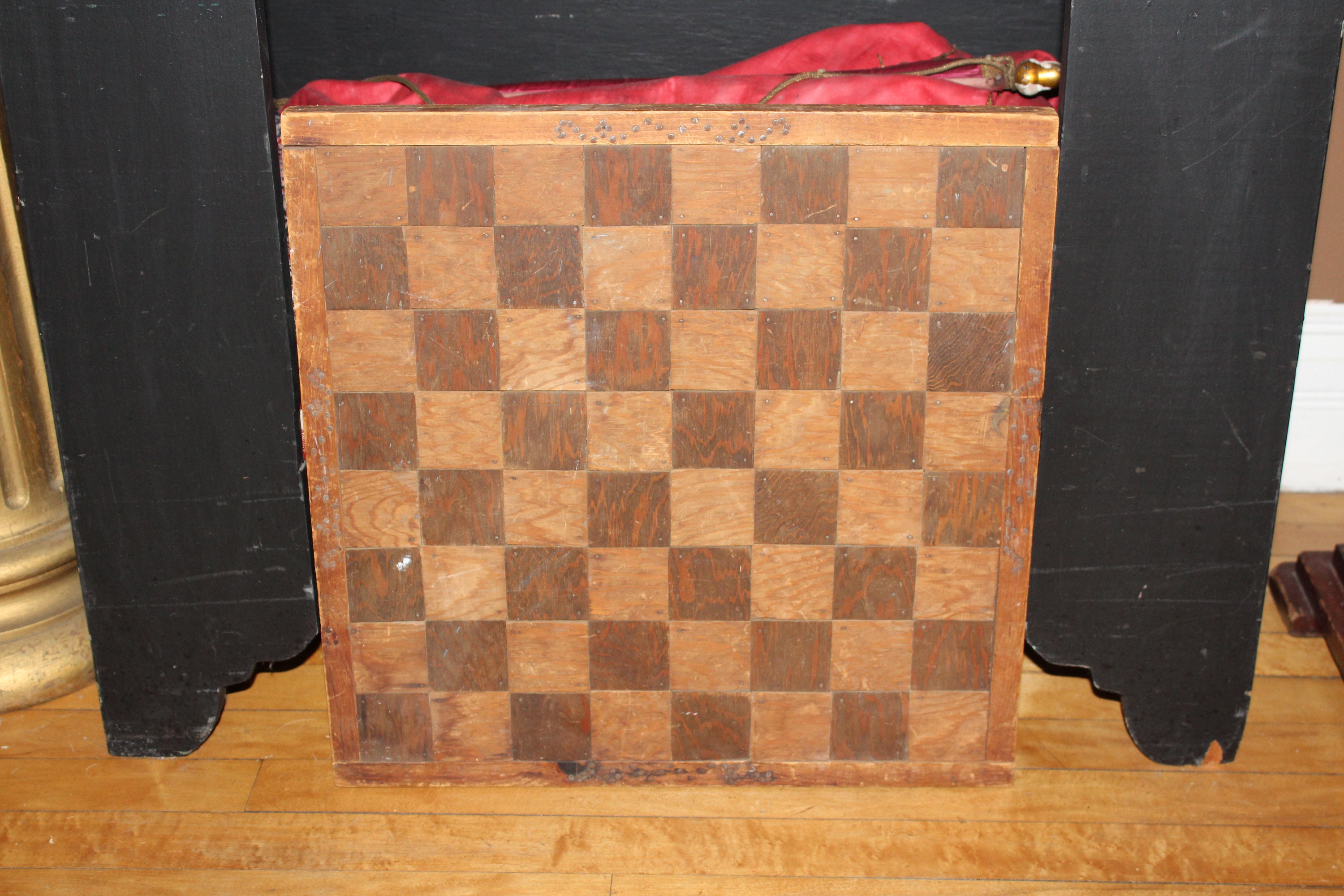 Primitive Wooden Checkers Game Board Handmade Vintage 1940s Marquetry